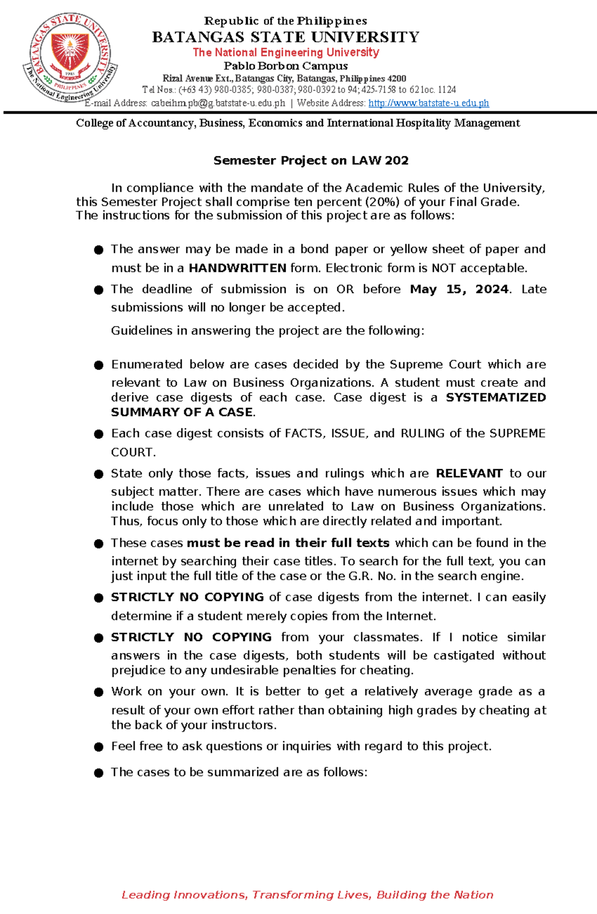 Semester Project on LAW 202 A - Republic of the Philippines BATANGAS ...