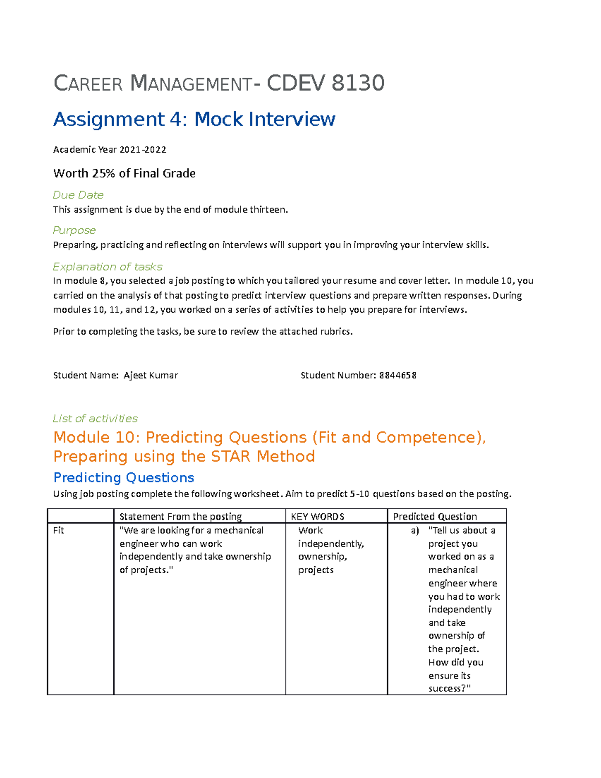 CDEV8130 Career Management Assignment 4 Mock Interview by ajeet kumar ...