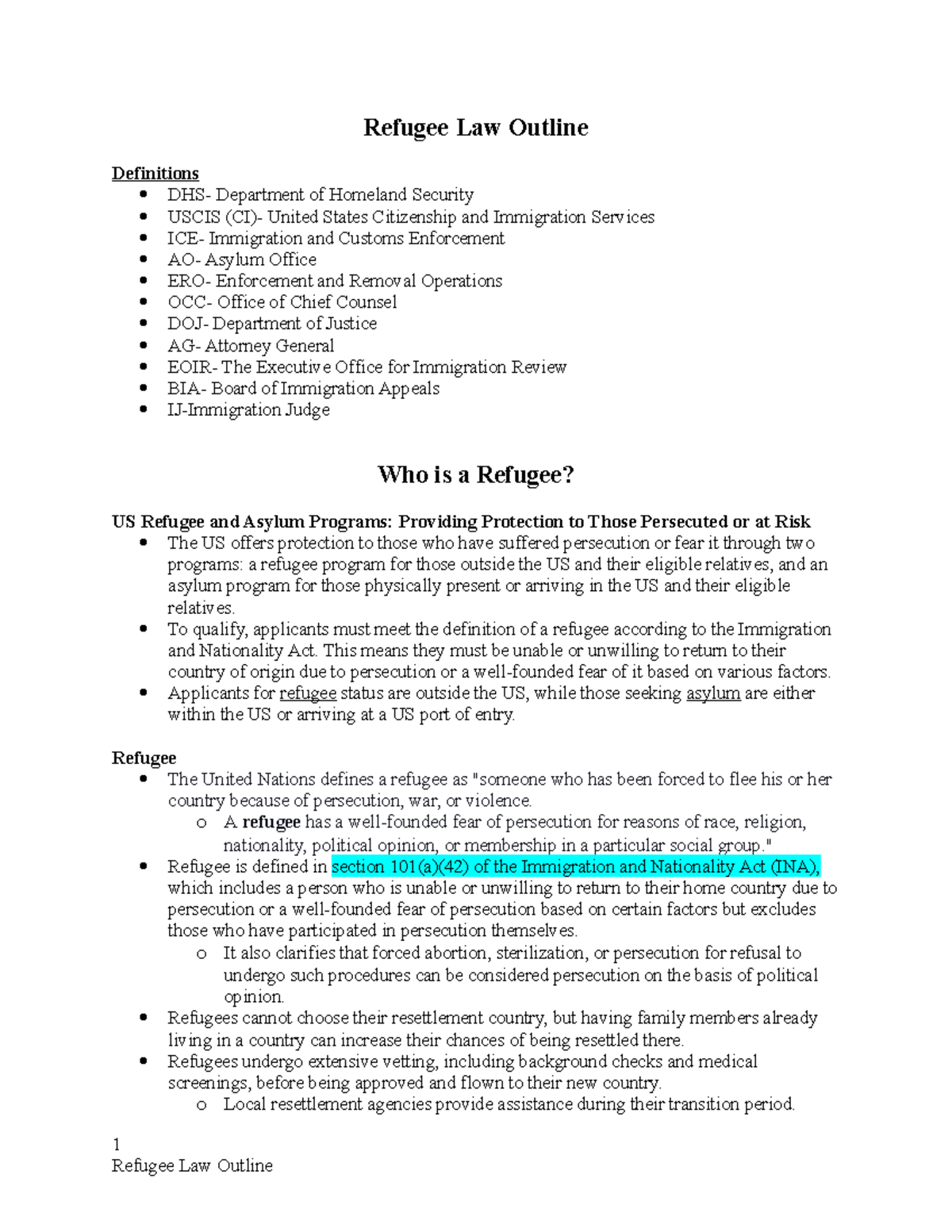 Refugee Law Outline - Refugee Law Outline Definitions DHS- Department ...