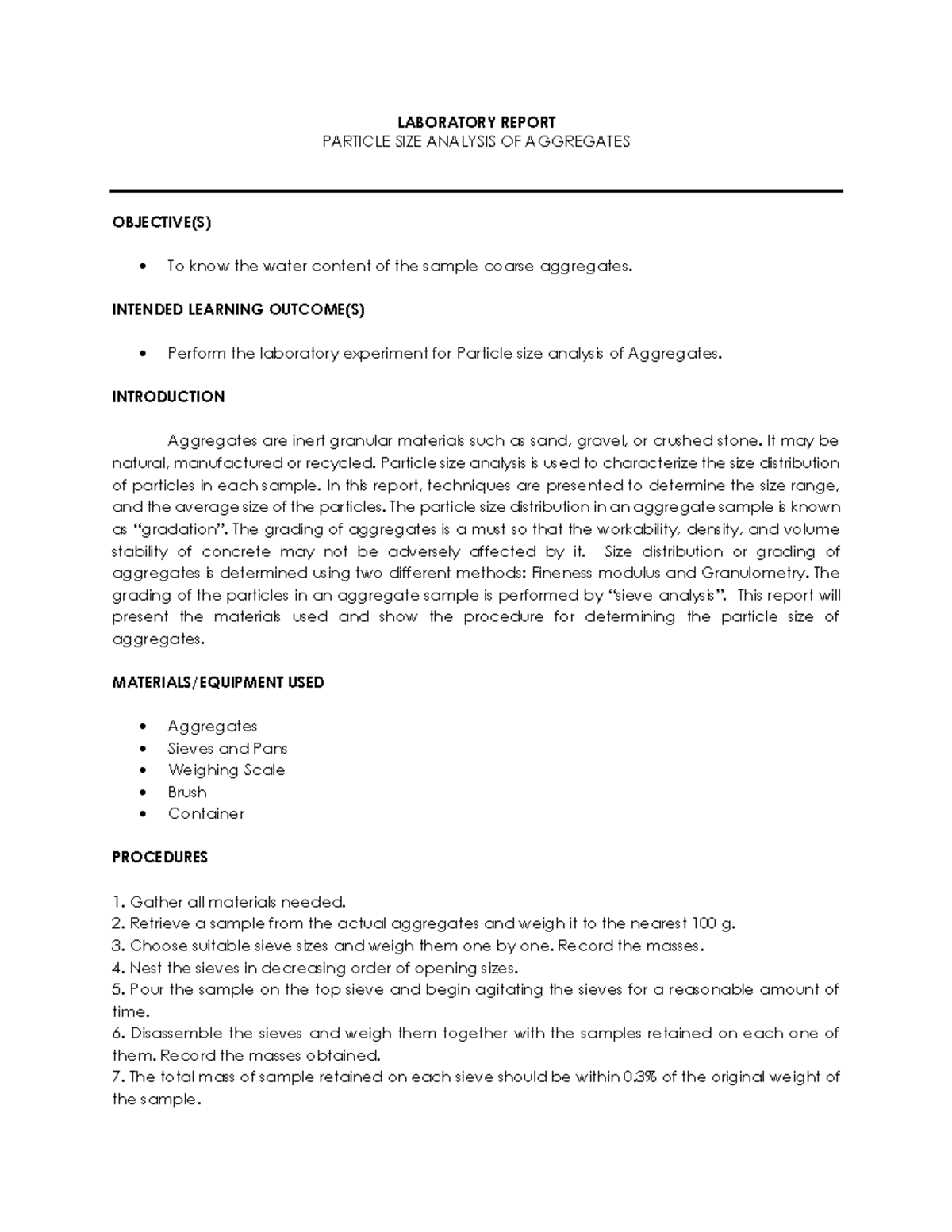 Lab Report Particle Size Analysis of Aggregates - LABORATORY REPORT ...