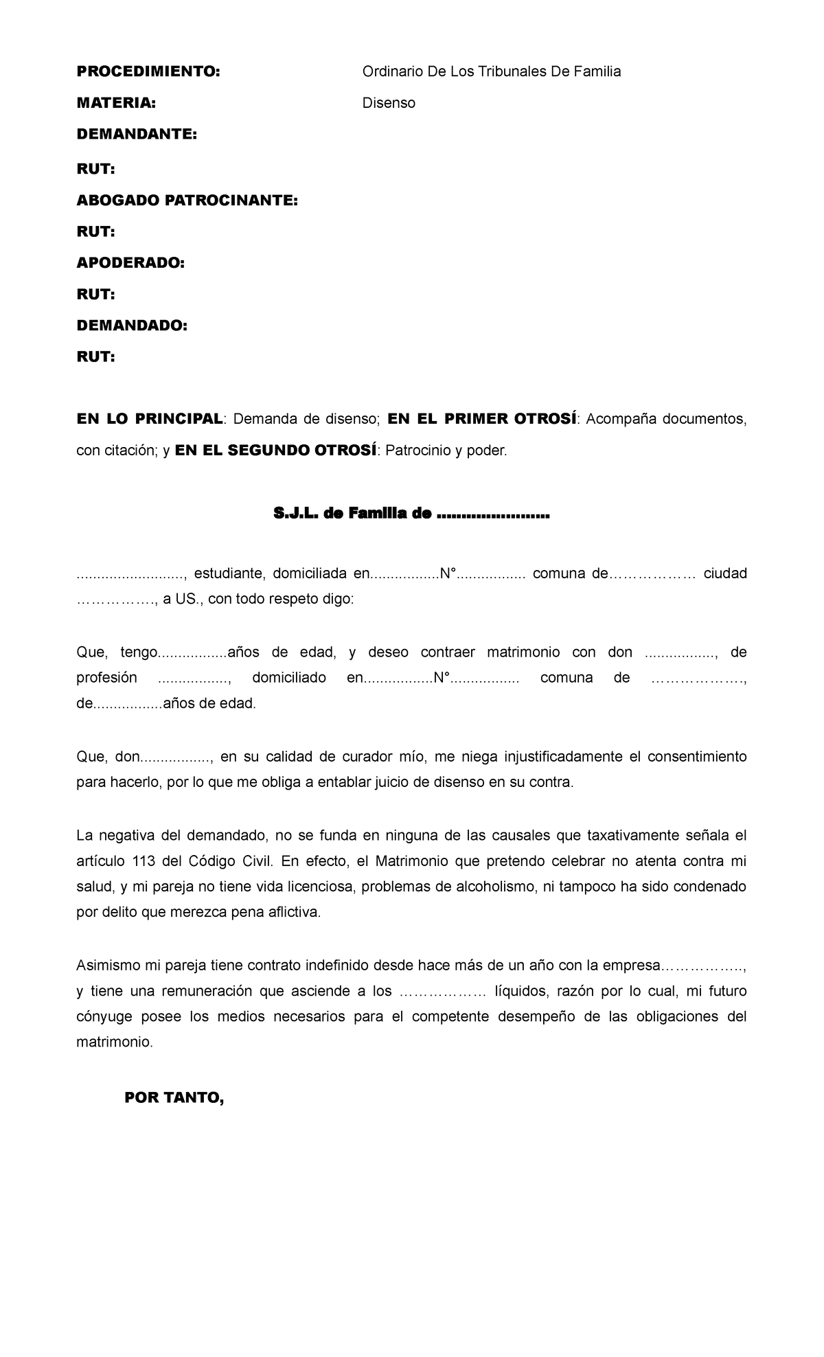 Disenso. Demanda - PROCEDIMIENTO: Ordinario De Los Tribunales De ...