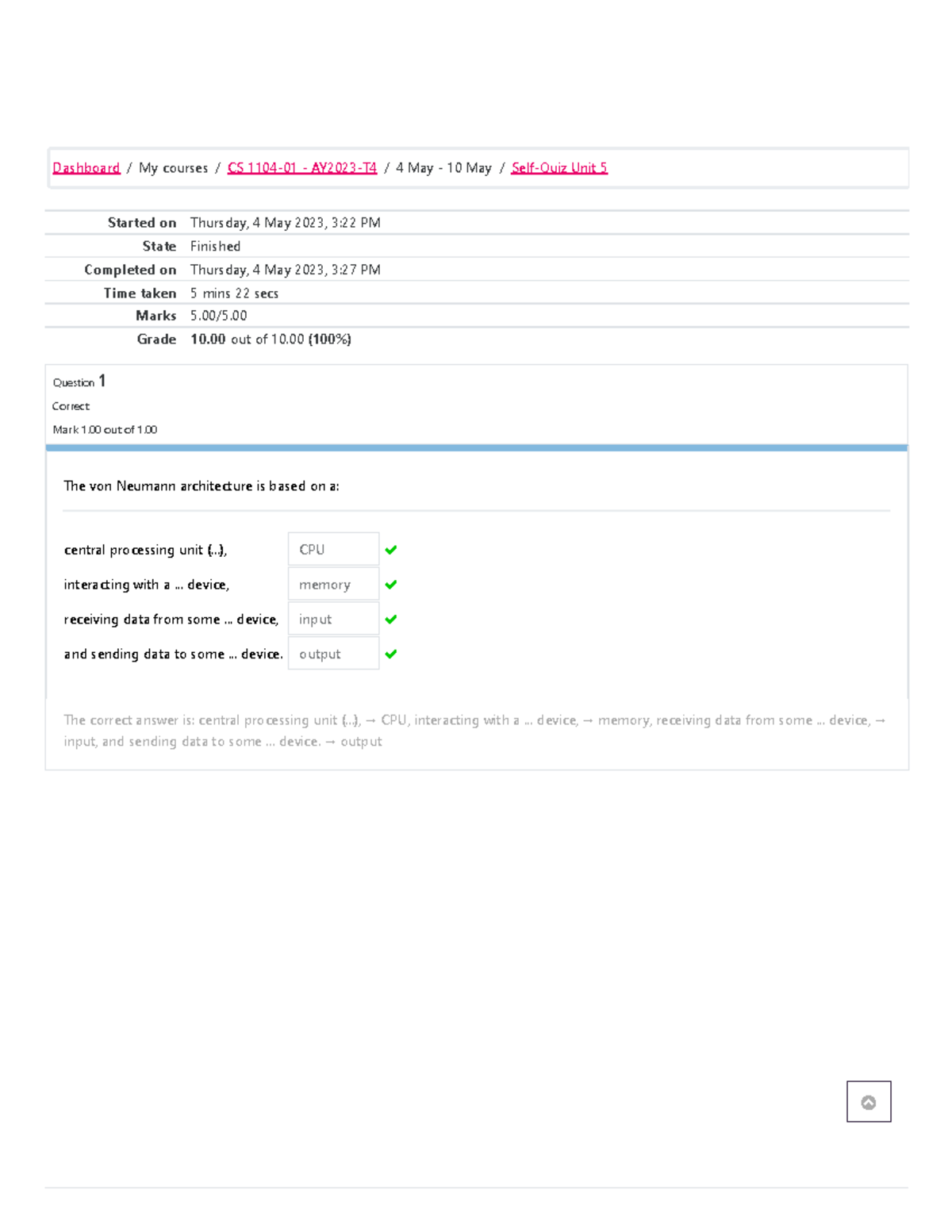 CS 1104 - Computer Systems Self-Quiz Unit 5 - Started on Thursday, 4 ...