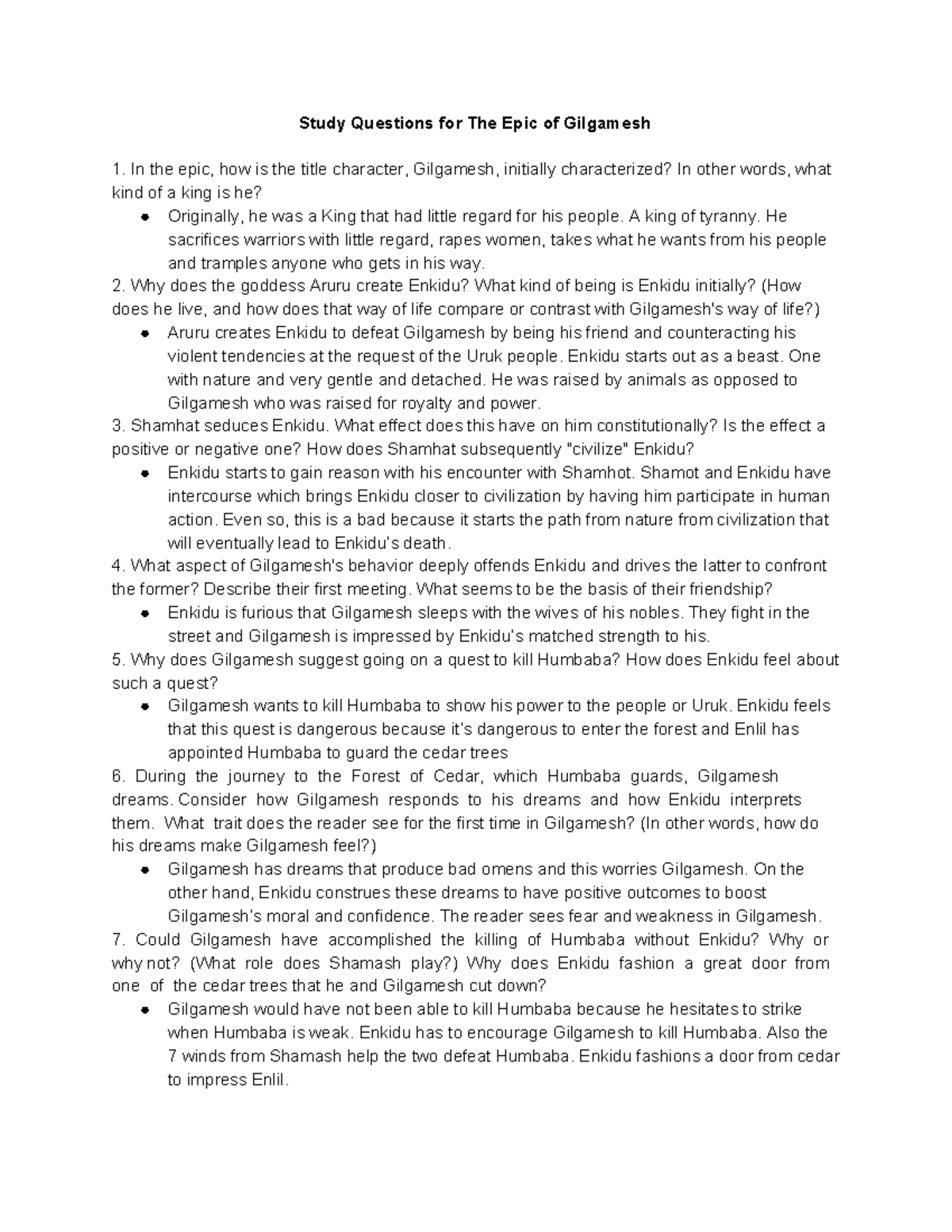 IH 1 Study Questions Midterm - Study Questions for The Epic of ...