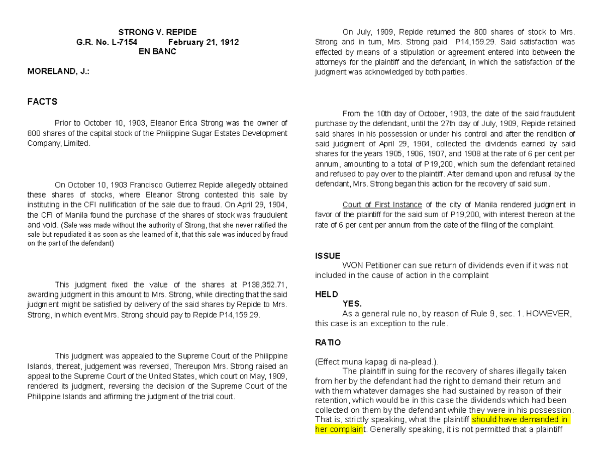 Scribd - Case Analysis of STRONG V. REPIDE - STRONG V. REPIDE G. No. L ...