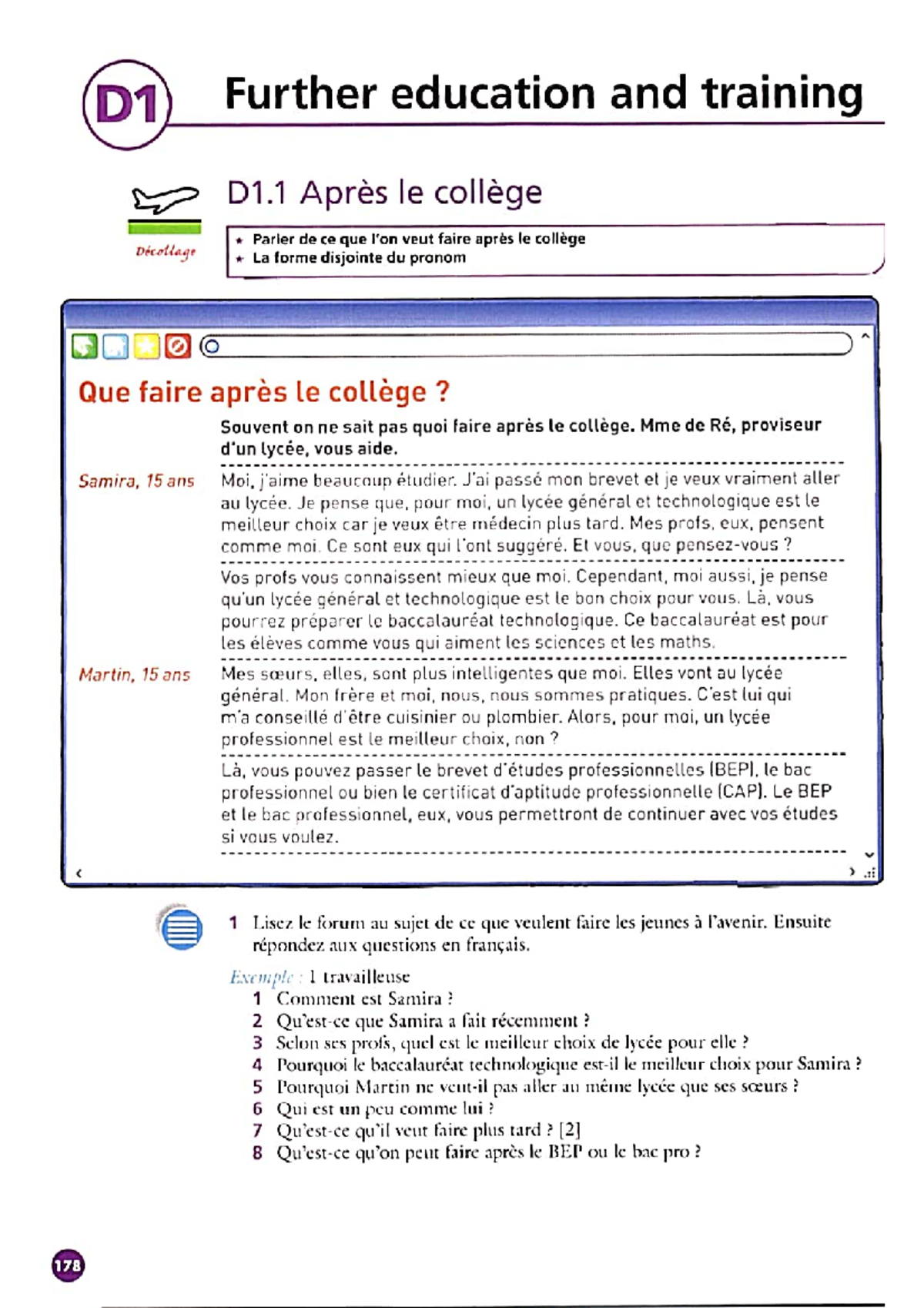French Grade 10 - writing - D1 Further education and training D1 Après ...