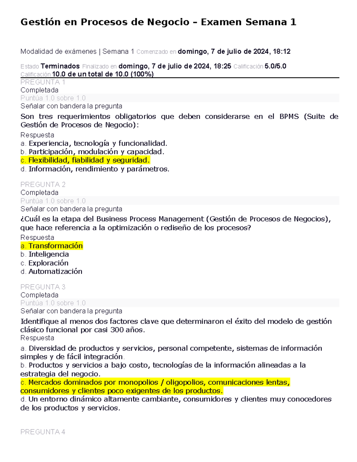 Gestión de Procesos de Negocio Examen Semana 1 - Calificación 10 de un total de 10 ( 100 % ...