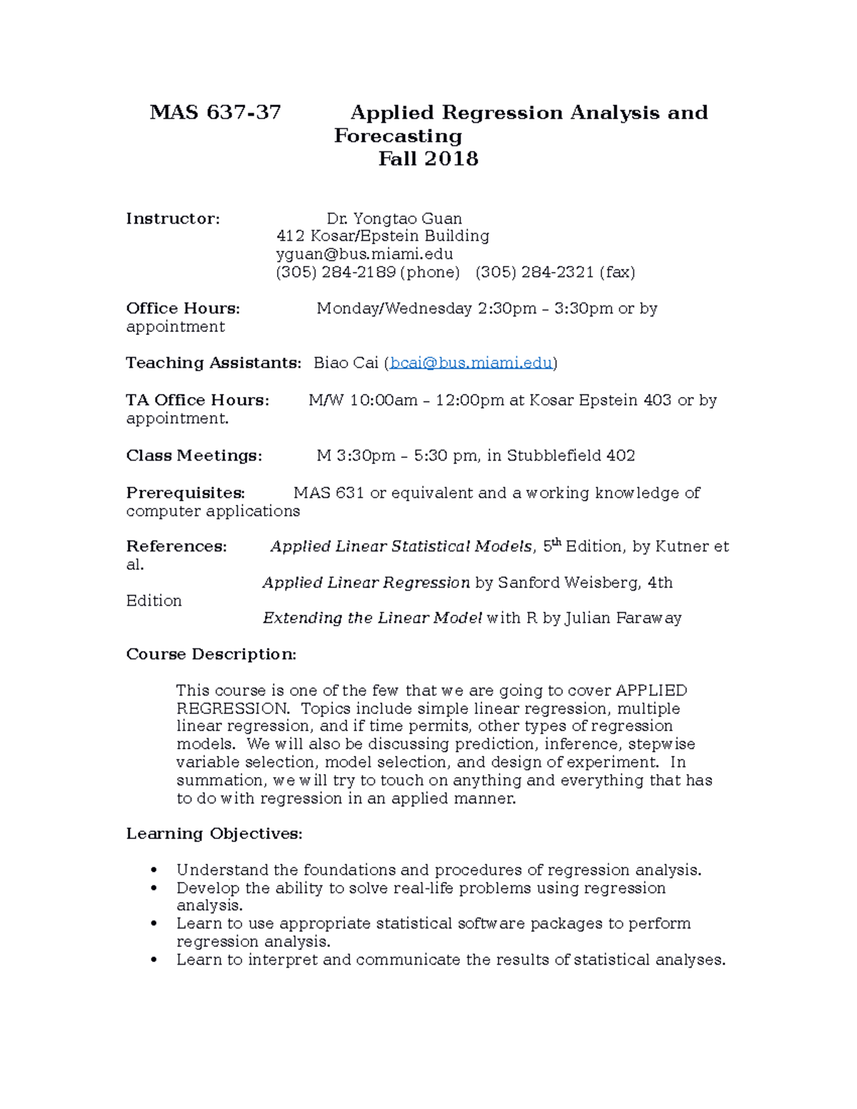 Syllabus 637-37, 2018 - work - MAS 637-37 Applied Regression Analysis ...