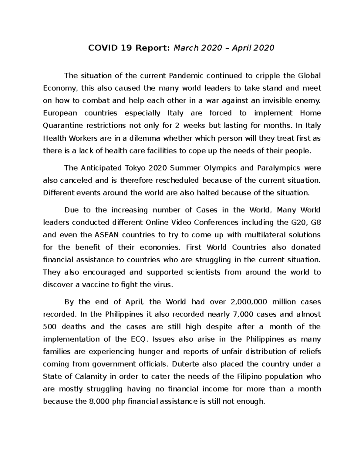 Covid 19 Report March 2020 April 2020 - AB Foreign Service - Studocu