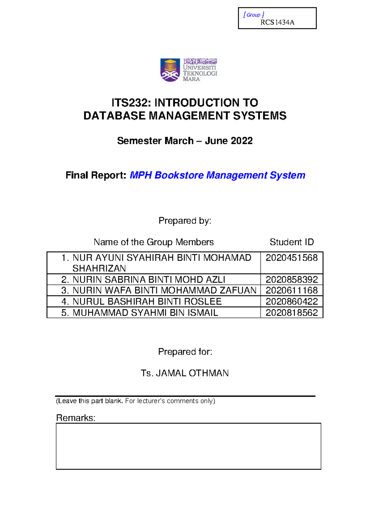 ITS232 project final report - ITS232: INTRODUCTION TO DATABASE ...