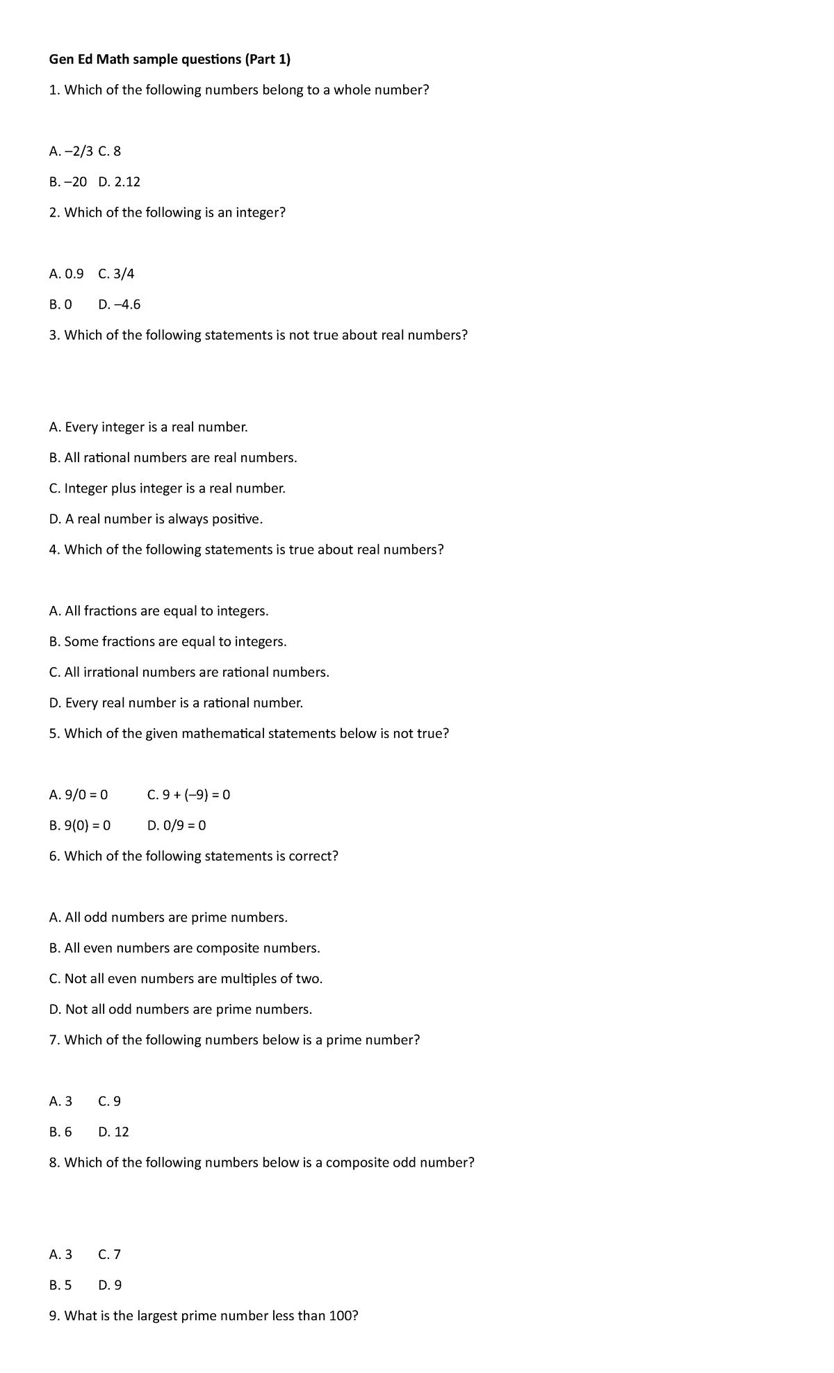 Math Sample Questions - –2/3 C. 8 B. –20 D. 2. Which of the following ...