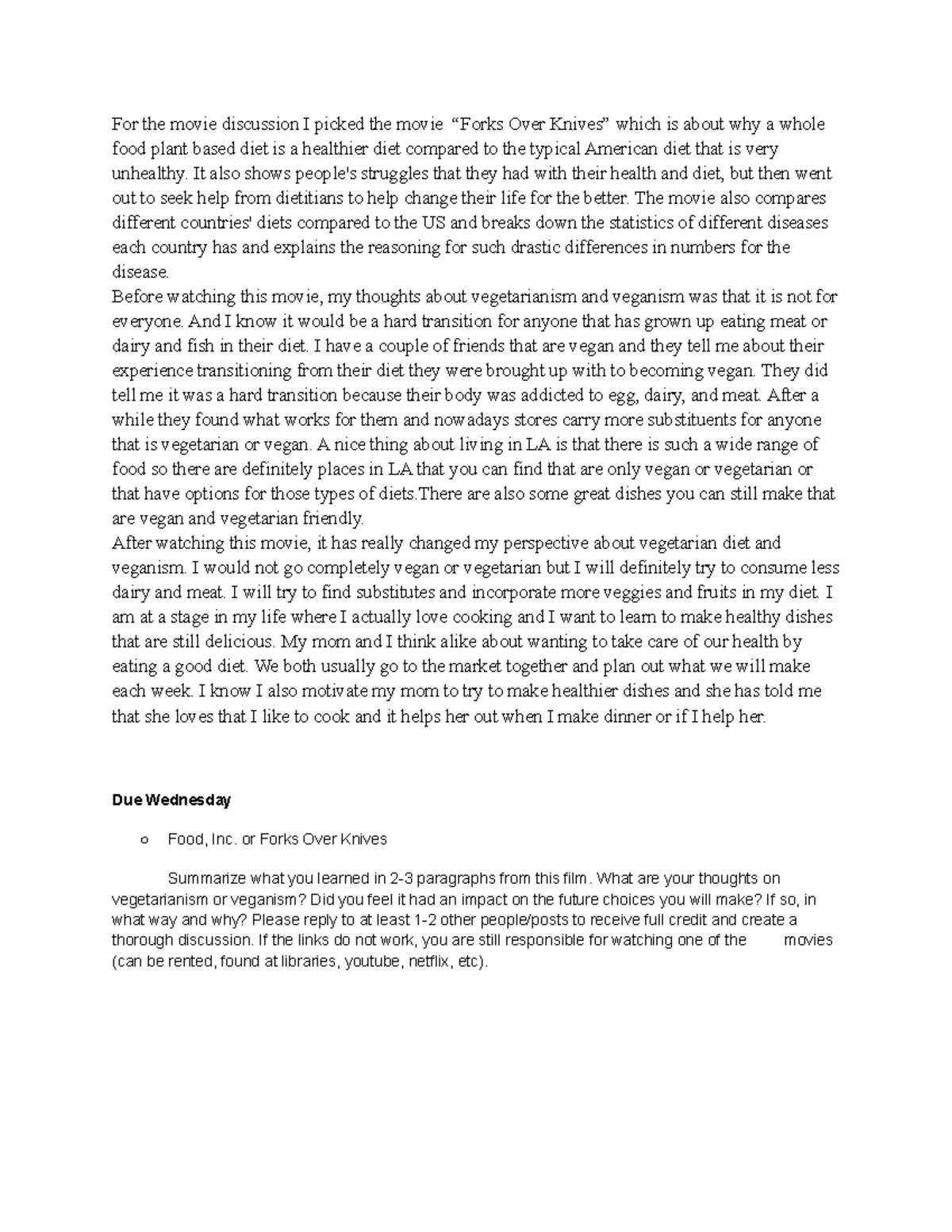 D3. Movie Discussion - Easy class. Just do the work - For the movie ...