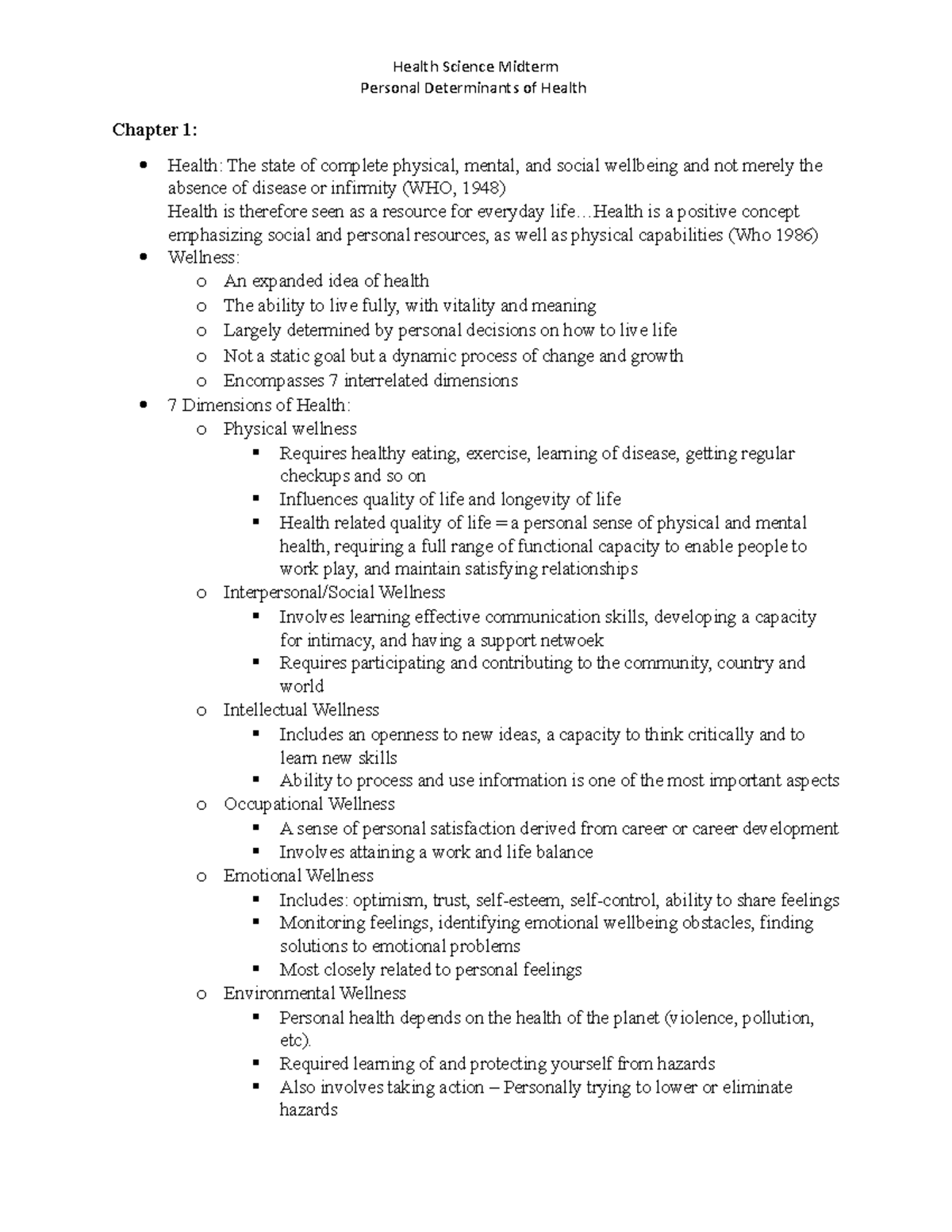 Health Science - Midterm - Personal Determinants of Health Chapter 1 ...