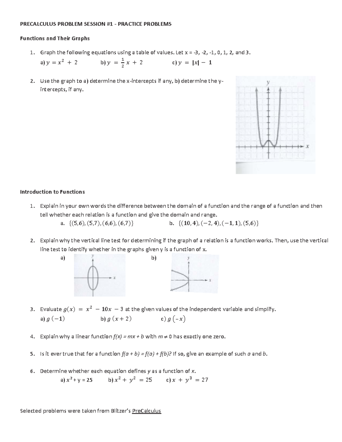 MATH 125 Problem Session #1 - Selected problems were taken from Blitzer ...