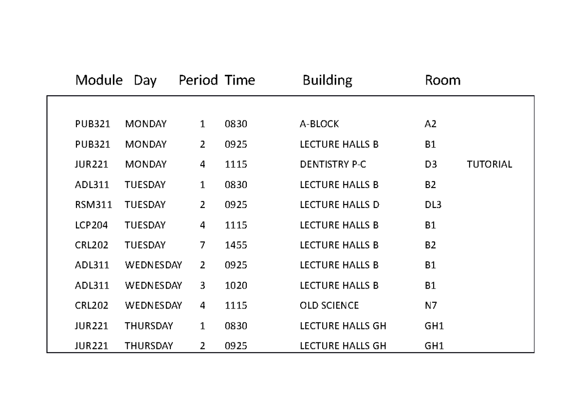Big timetable 2023 SEM1 - Module Day Period Time Building Room RSM311 ...