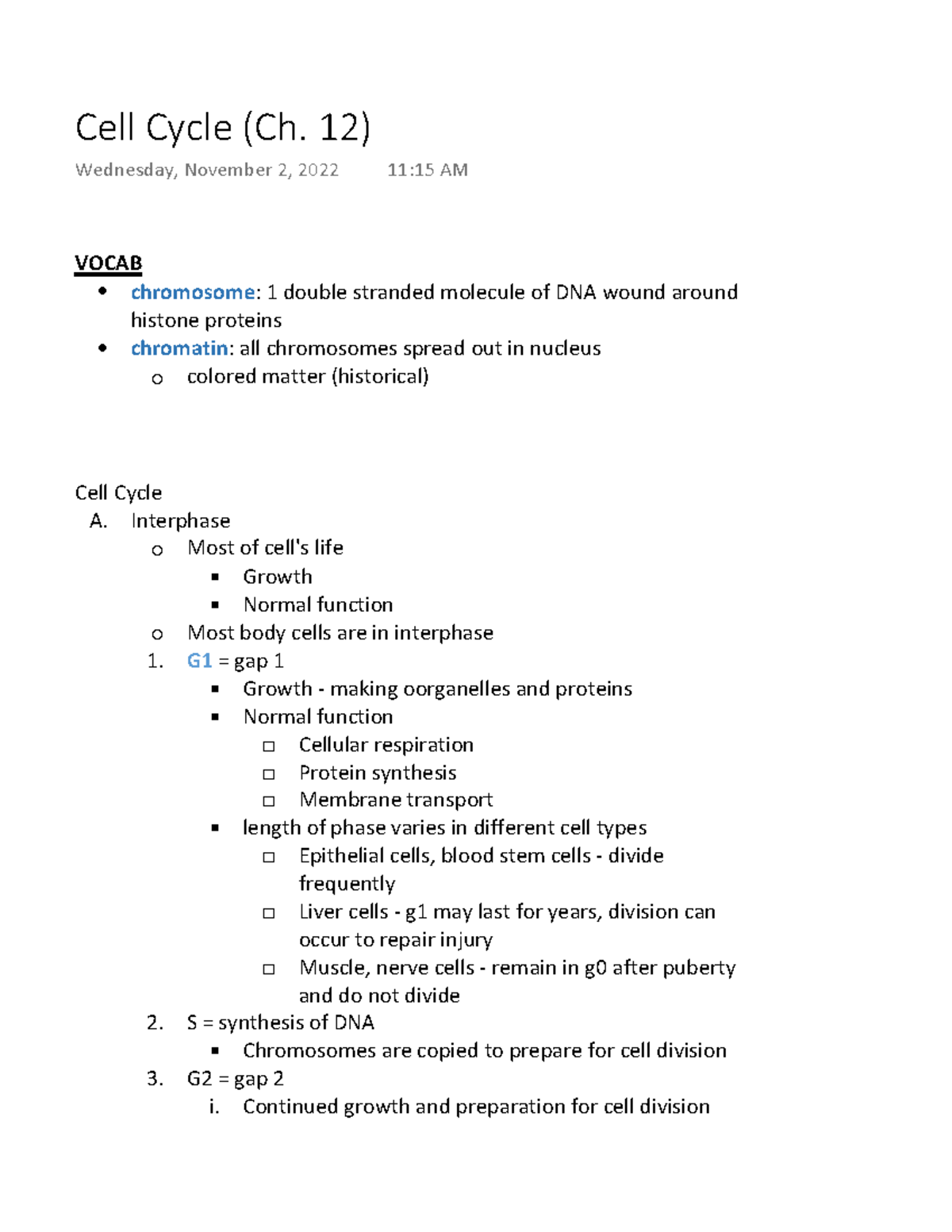 Cell Cycle (Ch. 12) - VOCAB chromosome: 1 double stranded molecule of ...