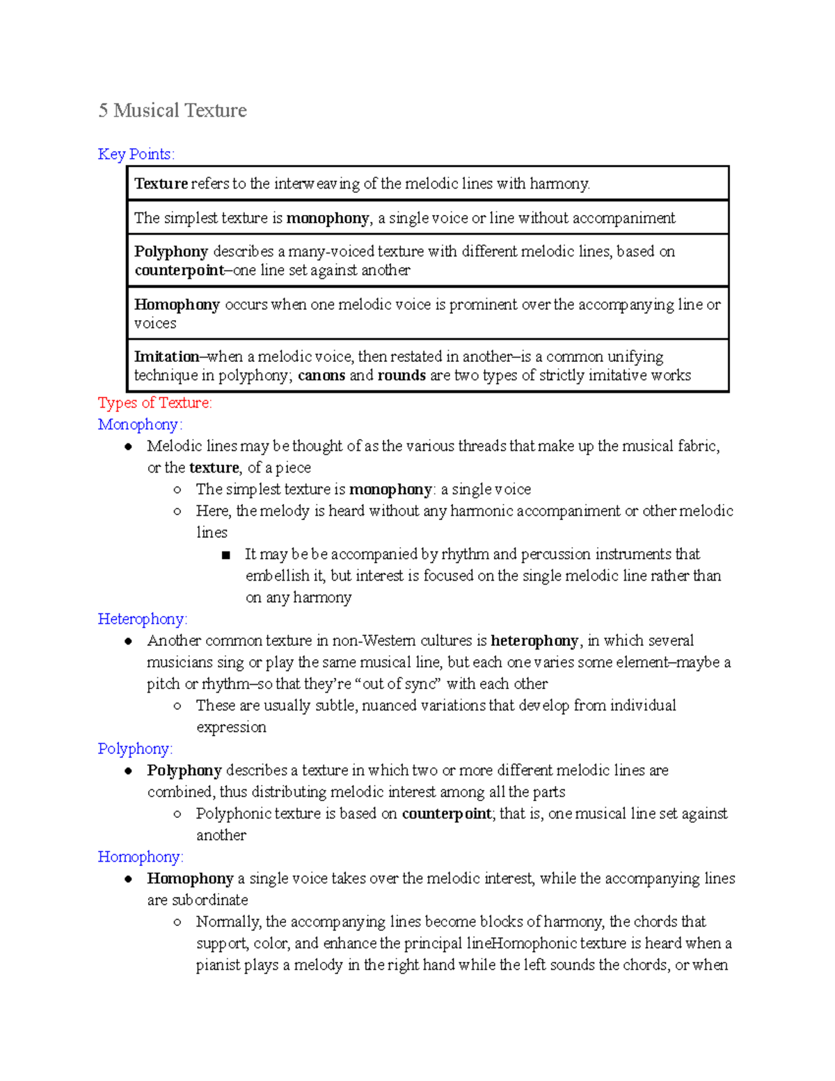 5 Musical Texture - Textbook Notes - 5 Musical Texture Key Points ...