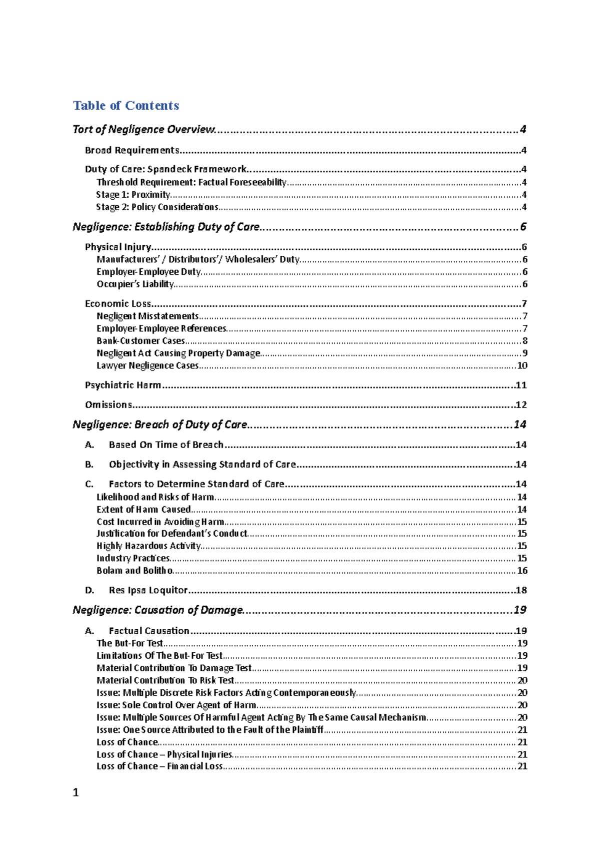 Torts Finals Notes 2021 - Table of Contents Tort of Negligence - Studocu