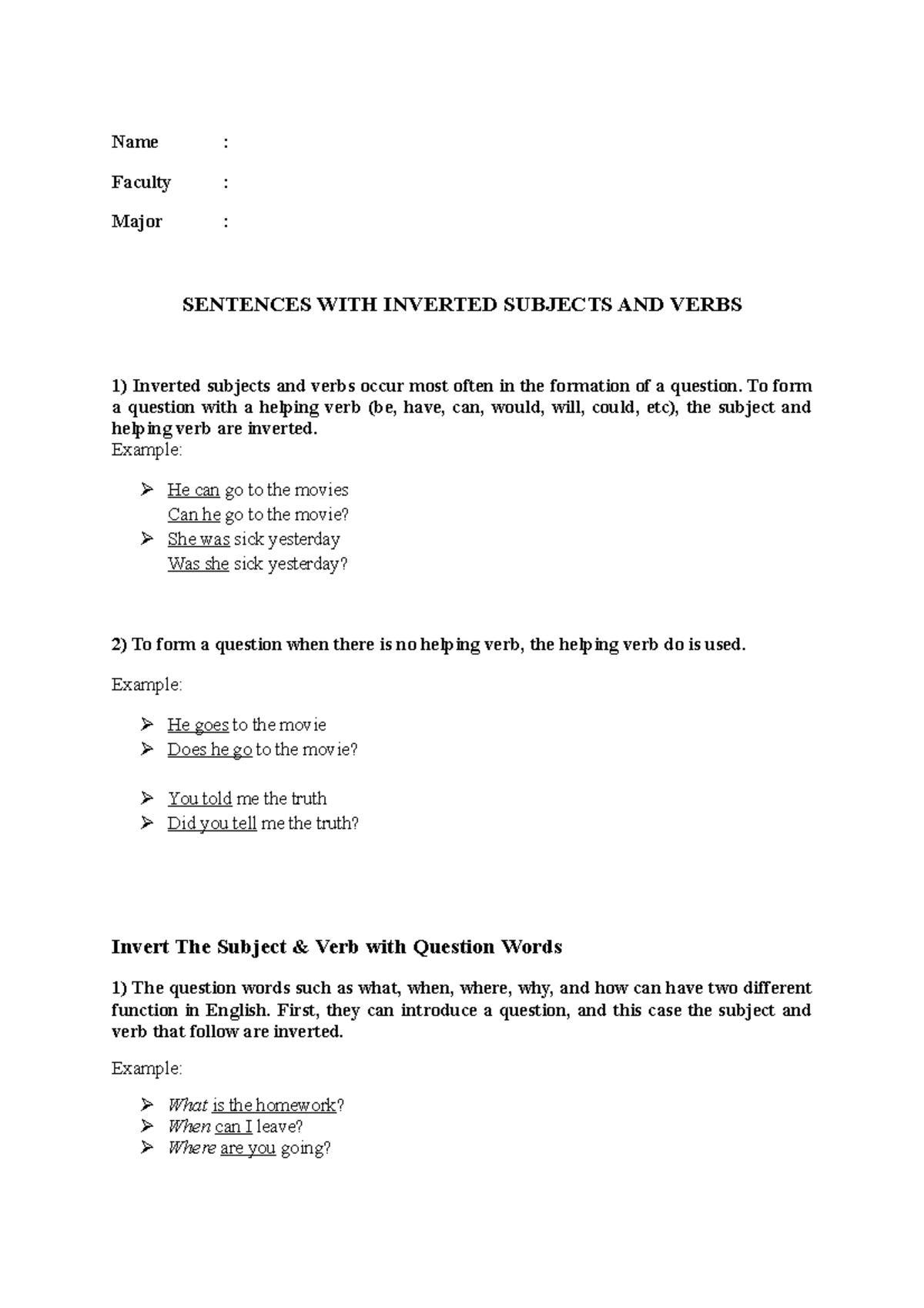 Sentences with Inverted Subjects and Verbs - Name : Faculty : Major ...