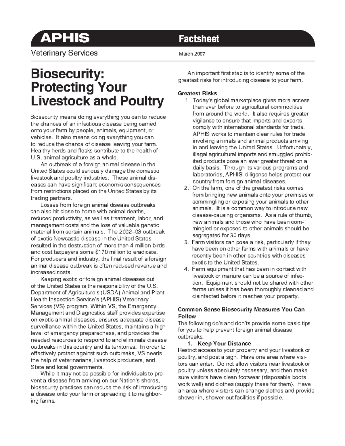 Biosecurity FACT Sheet - APHIS Factsheet Veterinary Services March 2007 ...