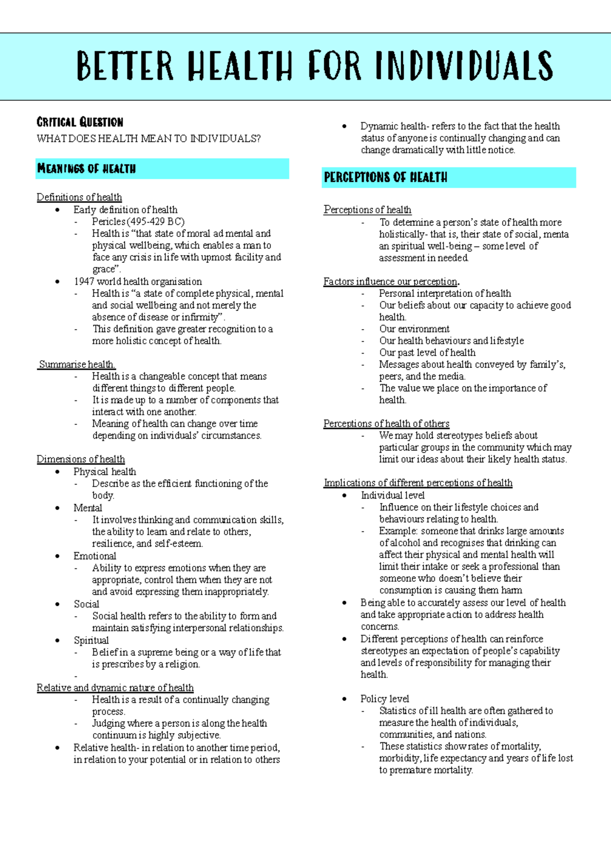 Pdhpe REAL - Critical Question WHAT DOES HEALTH MEAN TO INDIVIDUALS ...