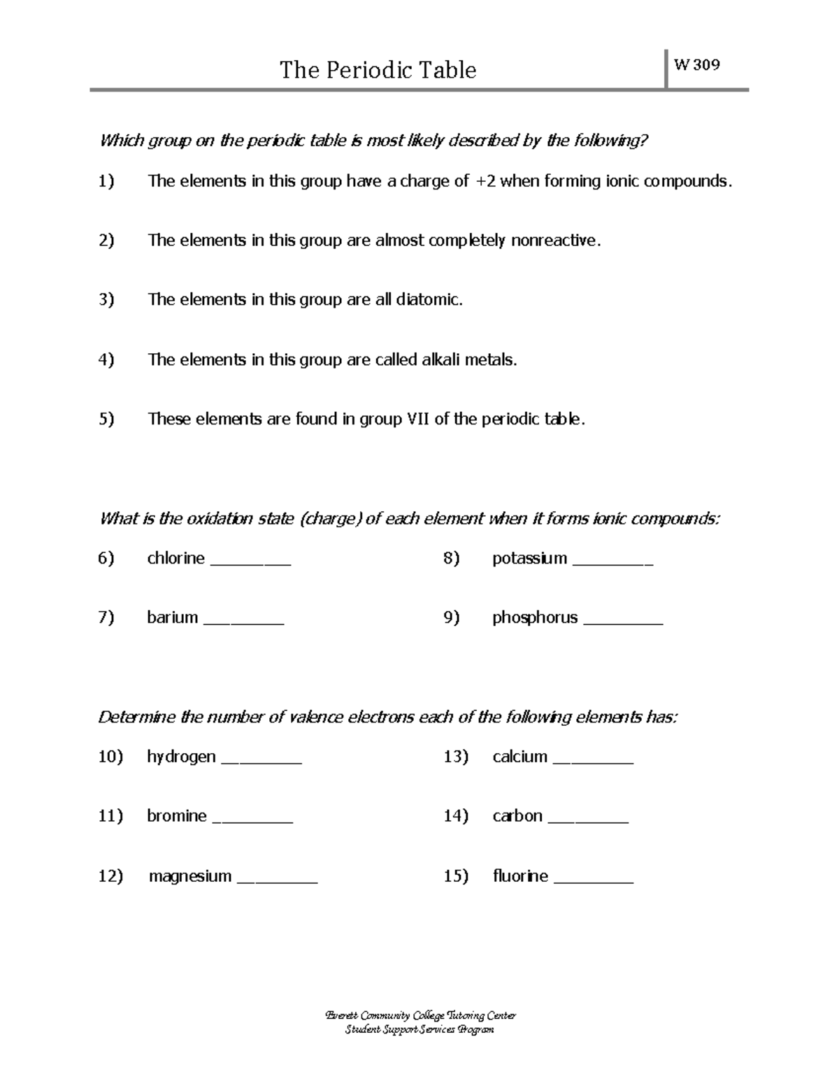 W309 periodic table worksheet - The Periodic Table W 309 Everett ...