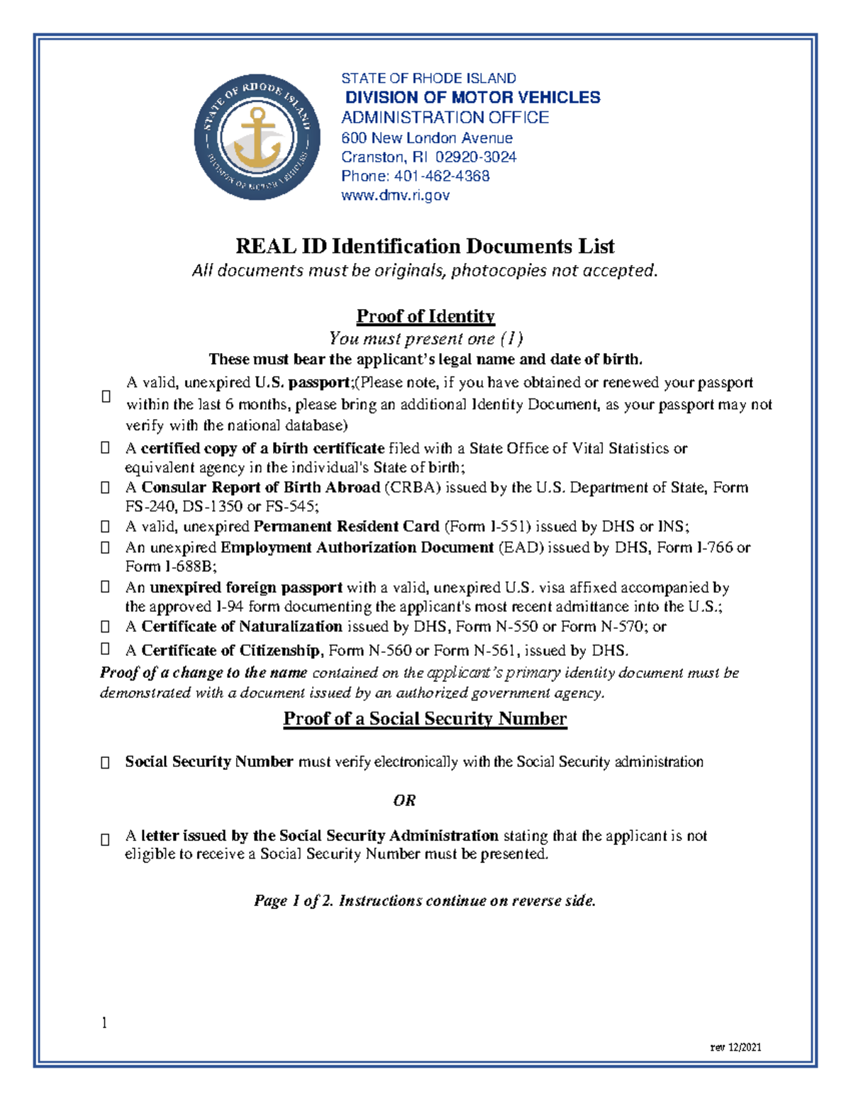 Real id identification documents checklist 2021 12 - 1 rev 12 / 2021 ...