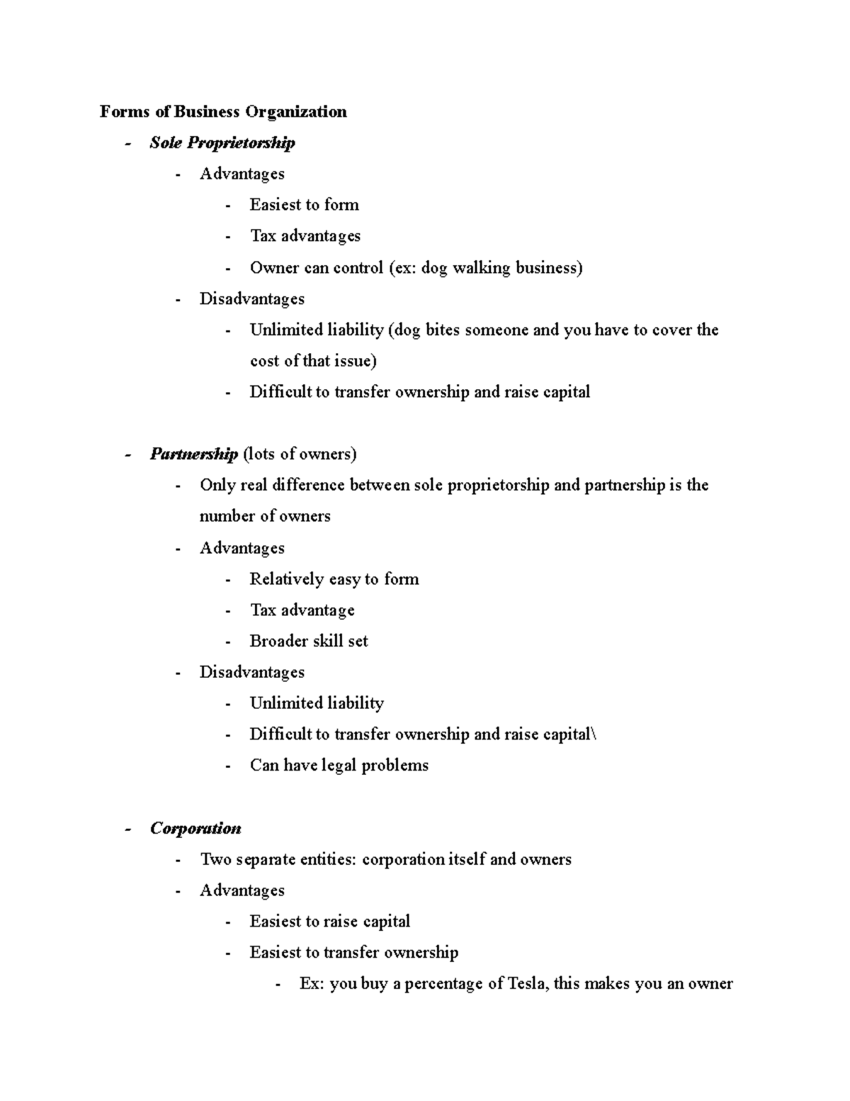 Chapter 1 Intro to ACCT notes - Forms of Business Organization - Sole ...