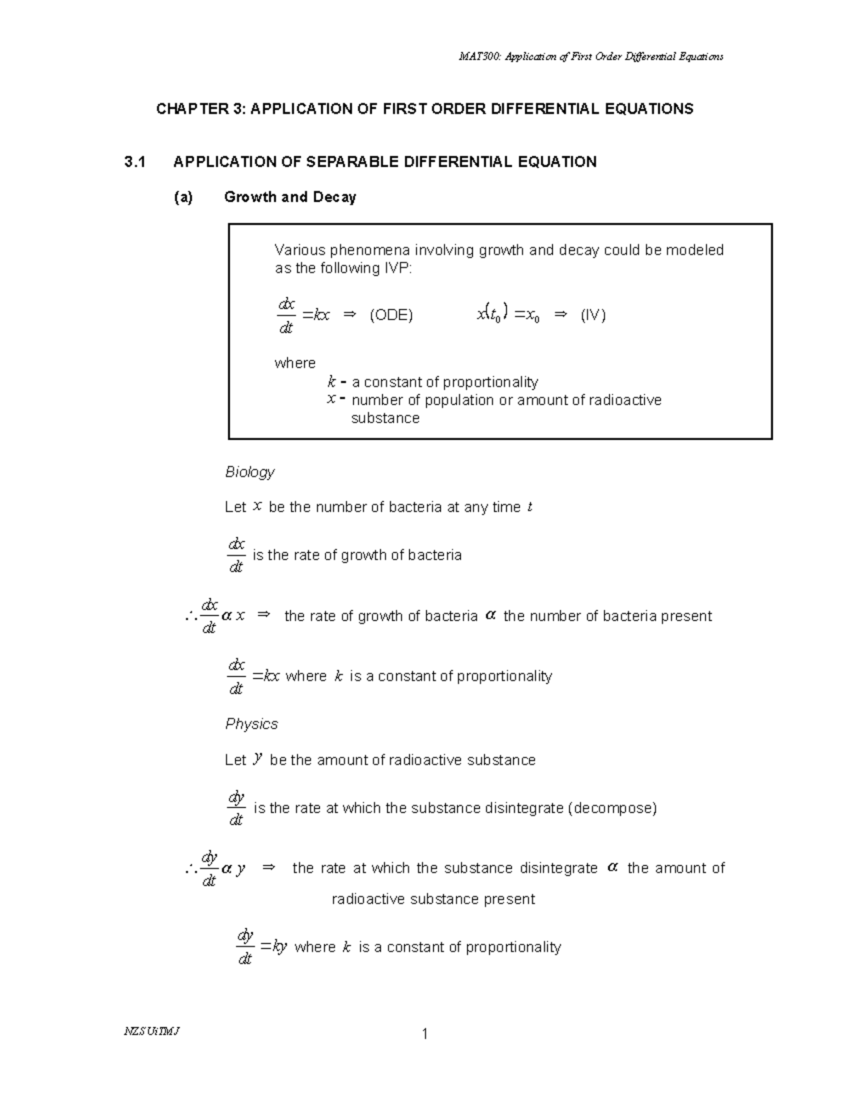 Notes MAT300 Chapter 3 - CHAPTER 3: APPLICATION OF FIRST ORDER ...