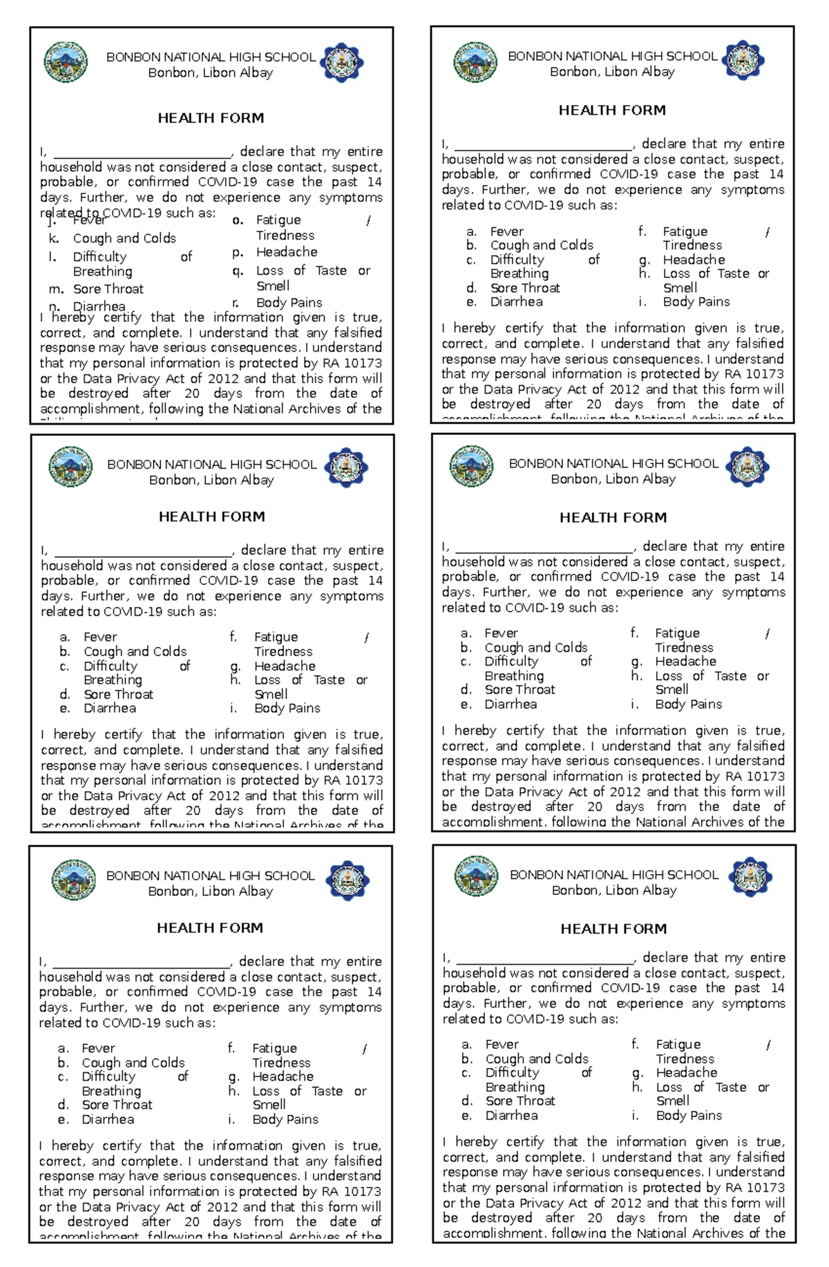 Health-Form - rEFFERENCE FOR HEALTH FORM - BONBON NATIONAL HIGH SCHOOL ...