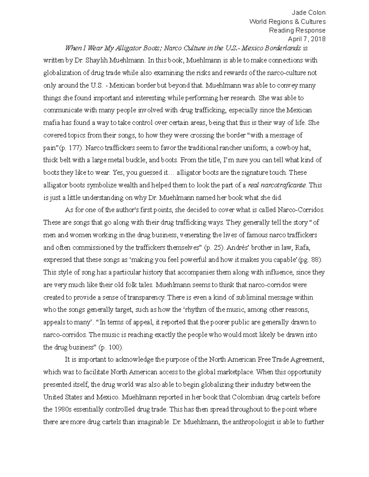 REDO Response Paper - Jade Colon World Regions & Cultures Reading ...