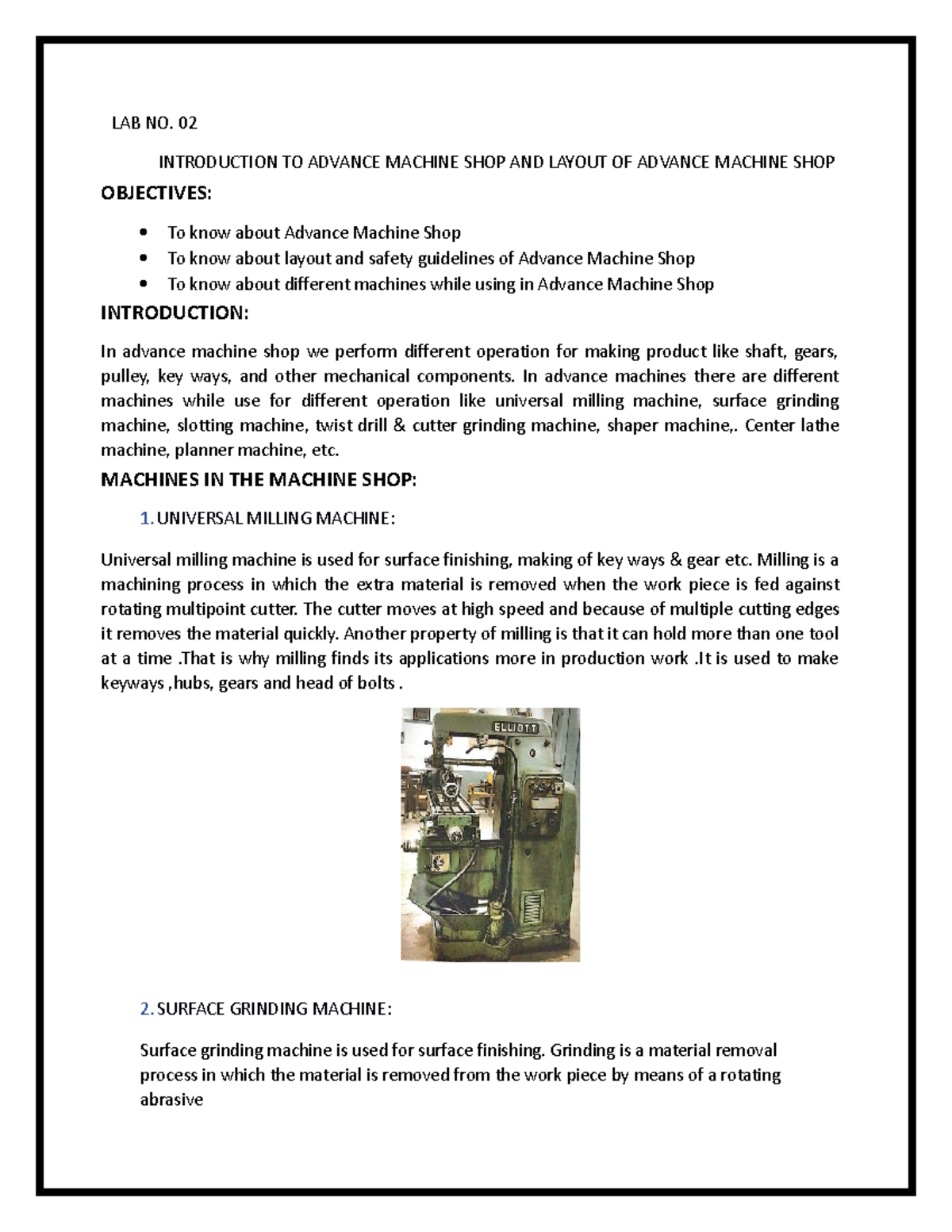 LAB REPORT FOR MANUFACTURING PROCESS - LAB NO. 02 INTRODUCTION TO ...