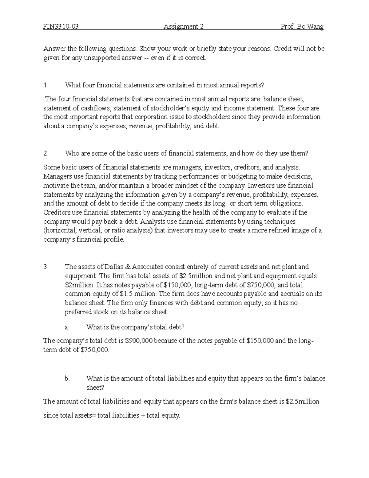 Finance Assignment 2 Questions - FIN3310-03 Assignment 2 Prof. Bo Wang ...