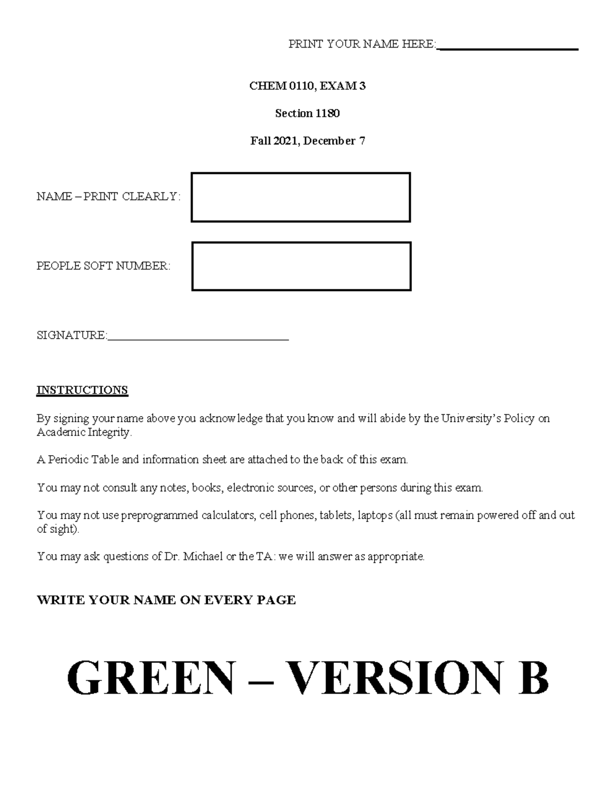 Exam 3 Green (Chem 110 Fall 2021) - CHEM 0110, EXAM 3 Section 1180 Fall ...