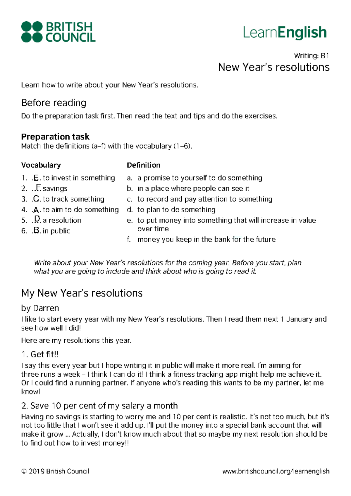New year resolutions - trabajo clase - Writing: B New Year’s ...