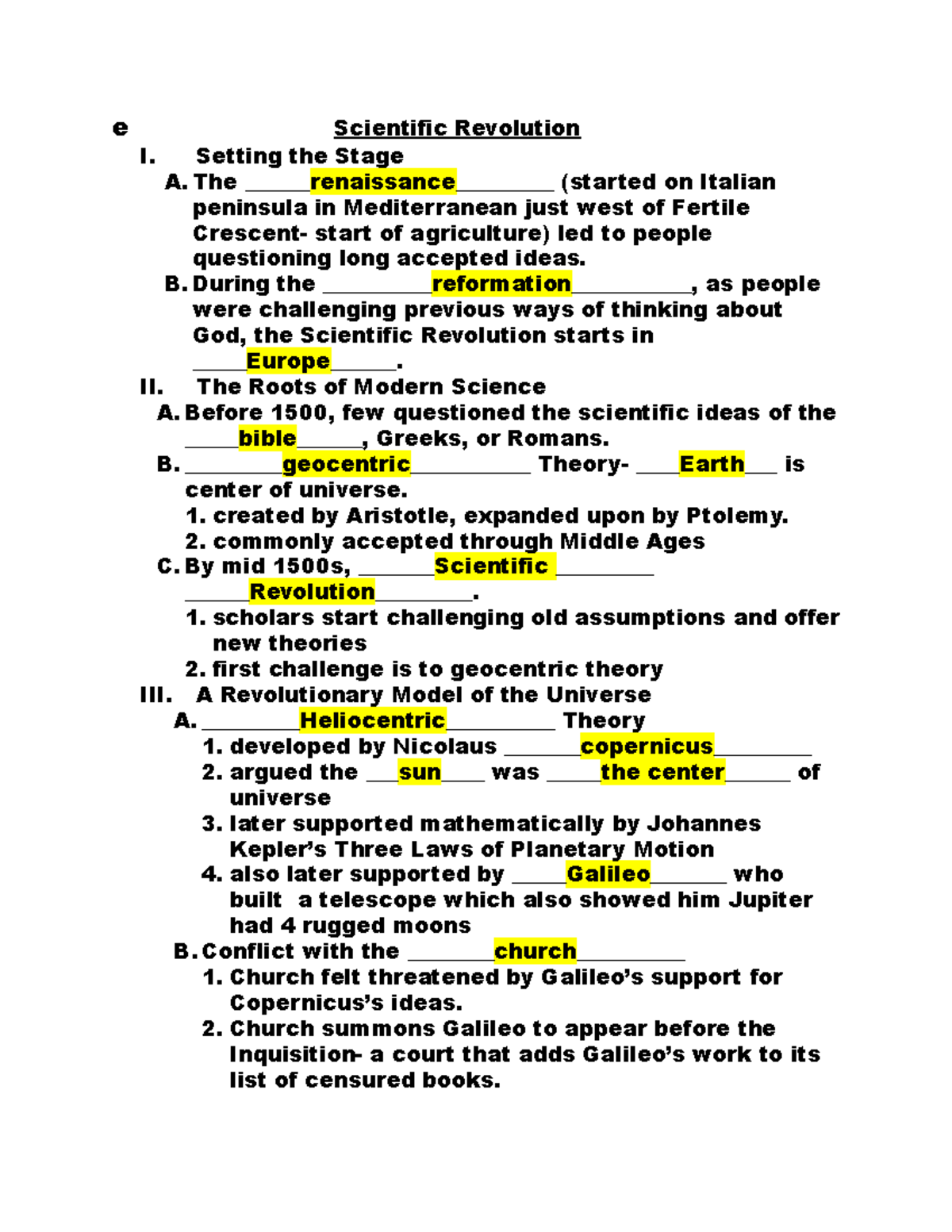Scientificrevolutionguidednotes - e Scientific Revolution I. Setting ...