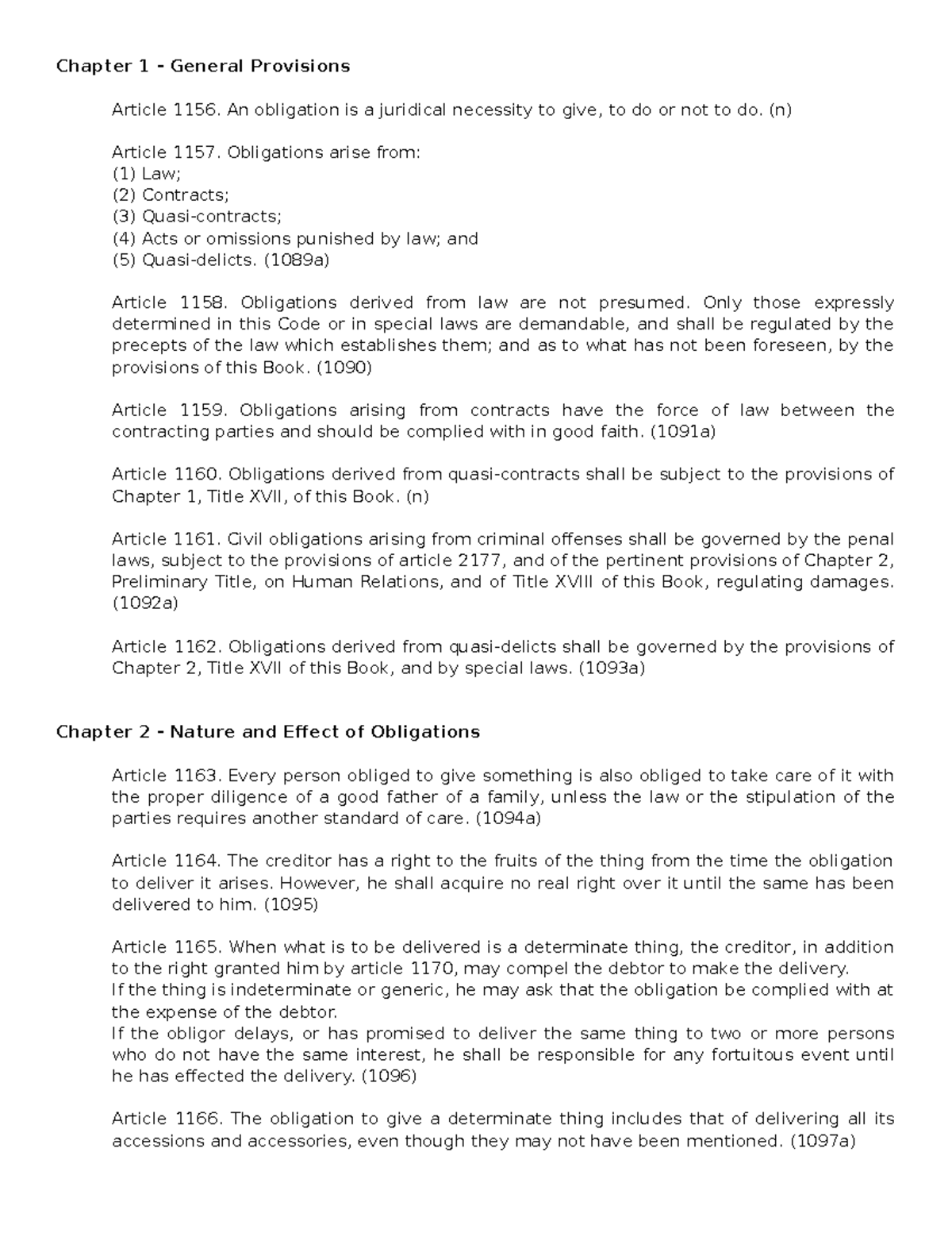 Obligations and Contracts (All Articles) - Chapter 1 - General Provisions Article 1156. An - Studocu