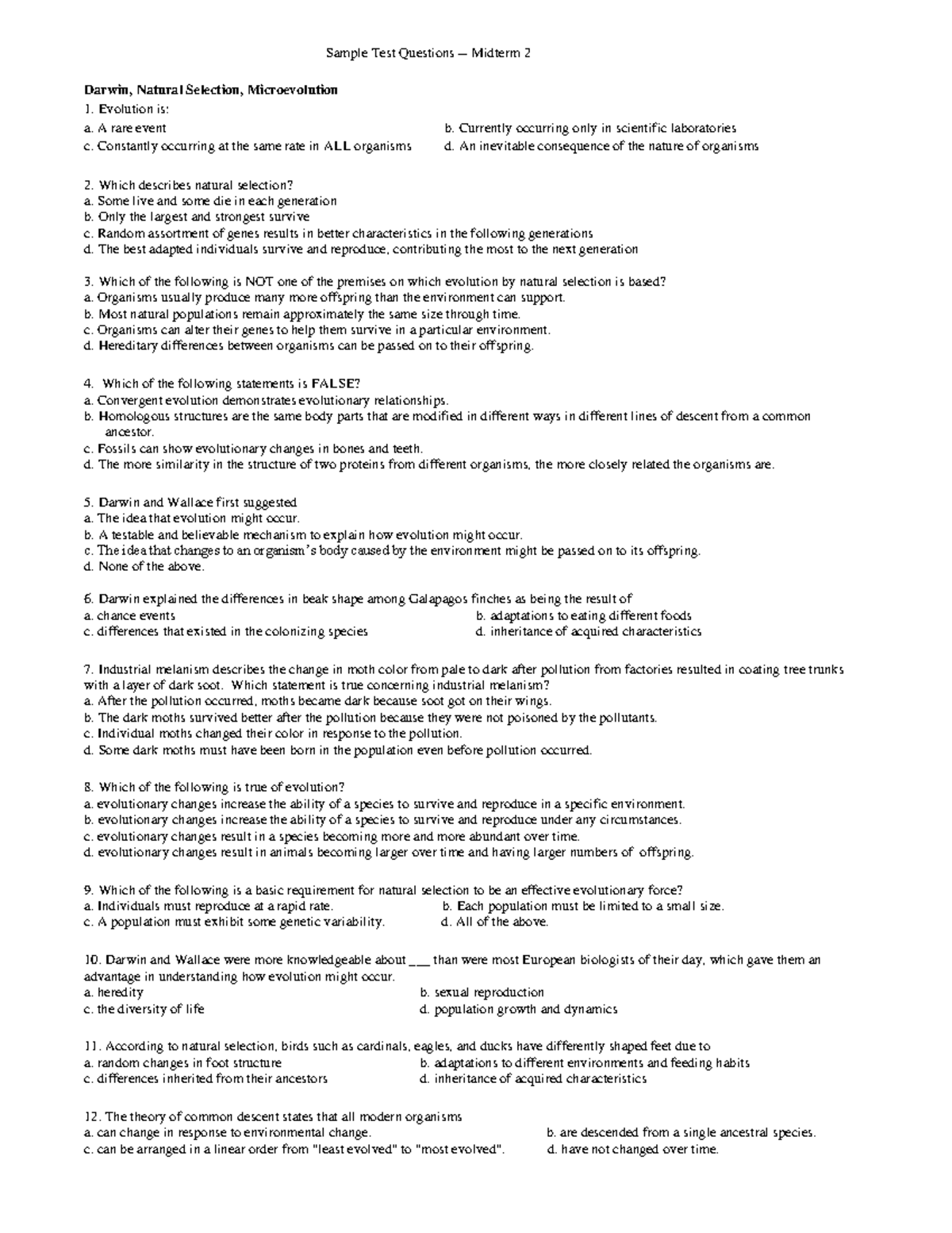 Extra Practice 1 - Sample Test Questions - Midterm 2 Darwin, Natural ...