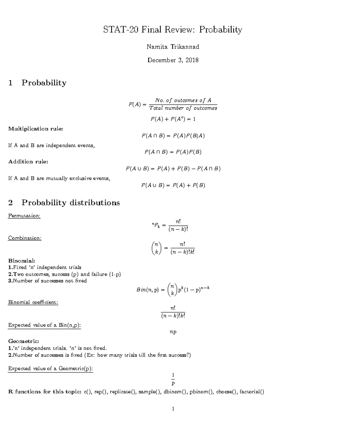 Stat20 - Probability - STAT-20 Final Review: Probability Namita Trikannad December 3, 2018 1 ...
