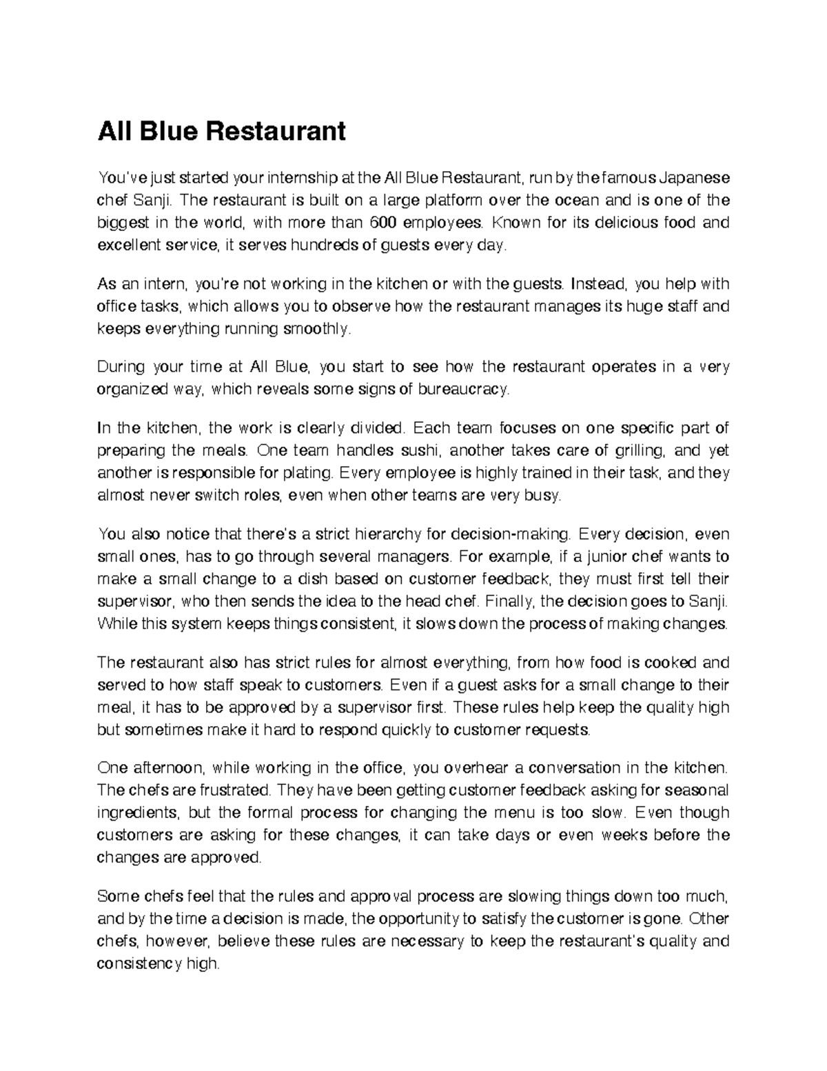 Tut 3 Case study - All Blue Restaurant You’ve just started your ...