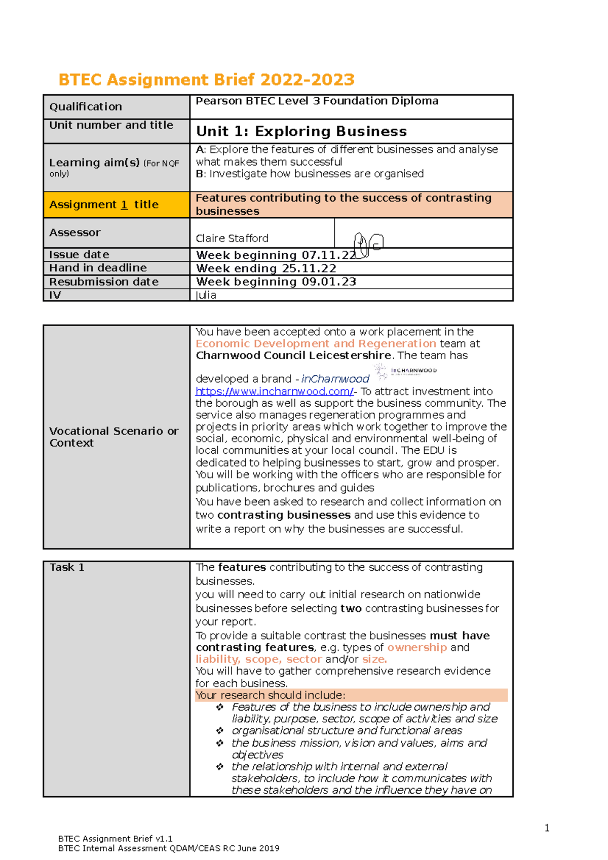 Unit 1 Ass 1; Exploring Business Foundation - BTEC Assignment Brief 2022- Qualification Pearson ...
