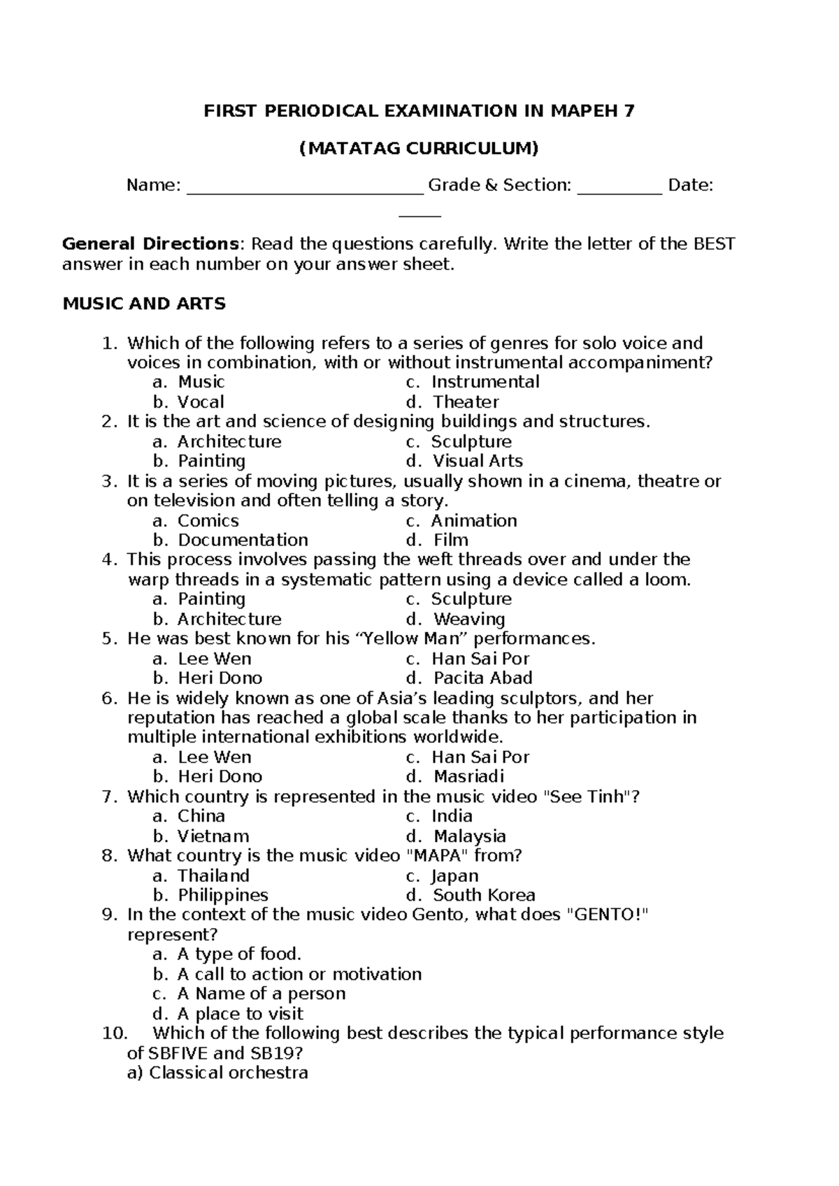 Q1 Periodical TEST Mapeh 7 ( Matatag) - FIRST PERIODICAL EXAMINATION IN ...