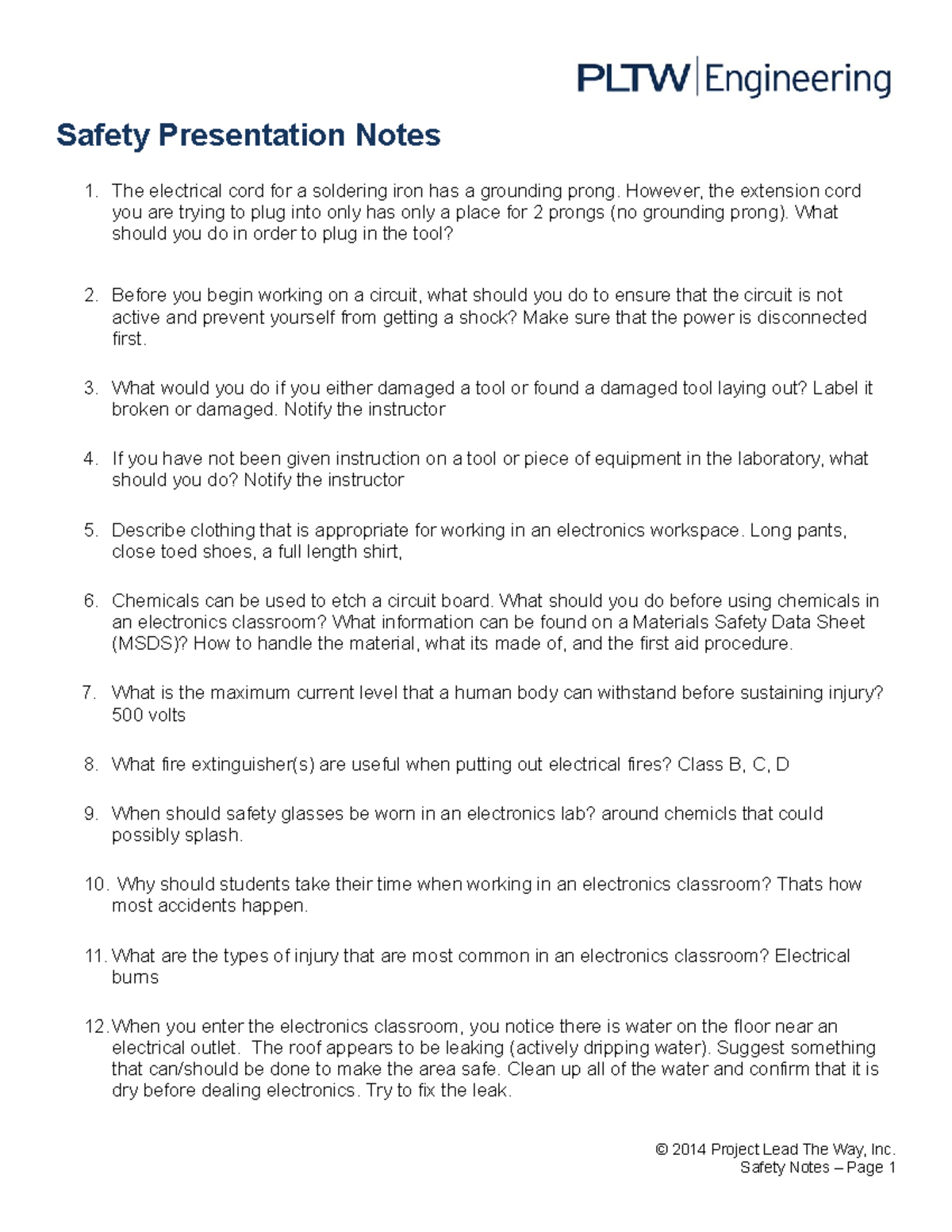 Safety Notes - Safety Presentation Notes The electrical cord for a ...