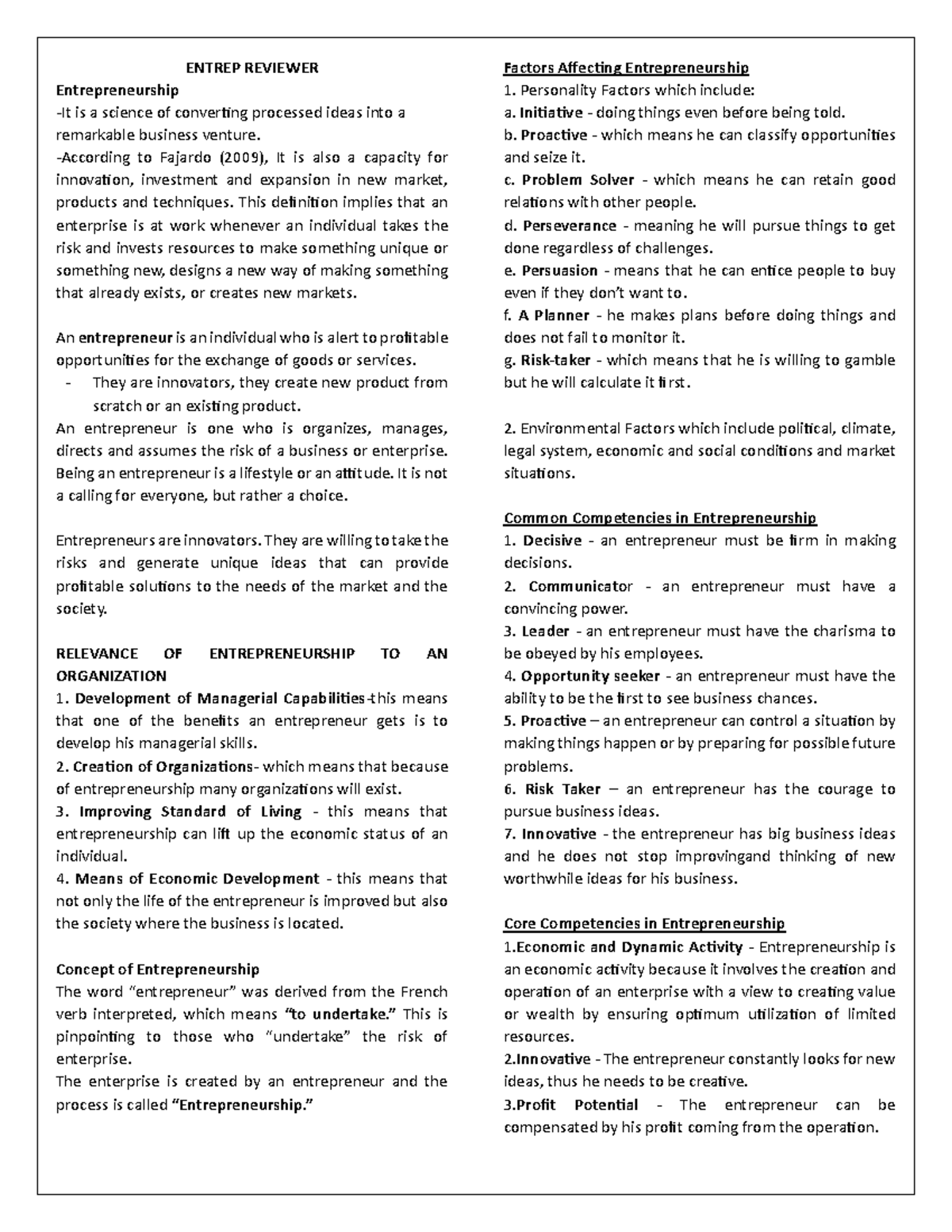 Entrep Reviewer - ENTREP REVIEWER Entrepreneurship It is a science of ...
