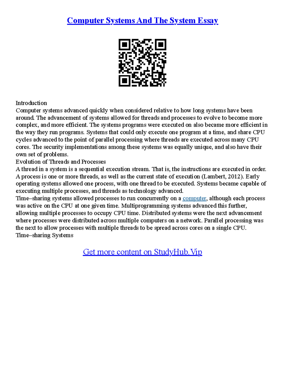 Simple Essay On Computer - Computer Systems And The System Essay Introduction Computer systems ...