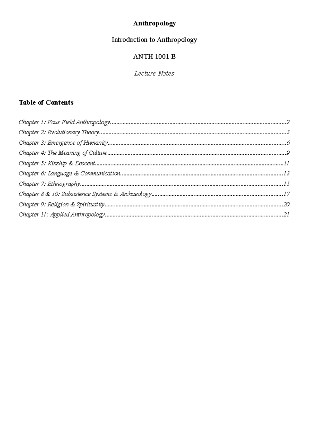 Intro to Anth 1001- Lecture Notes - Anthropology Introduction to ...