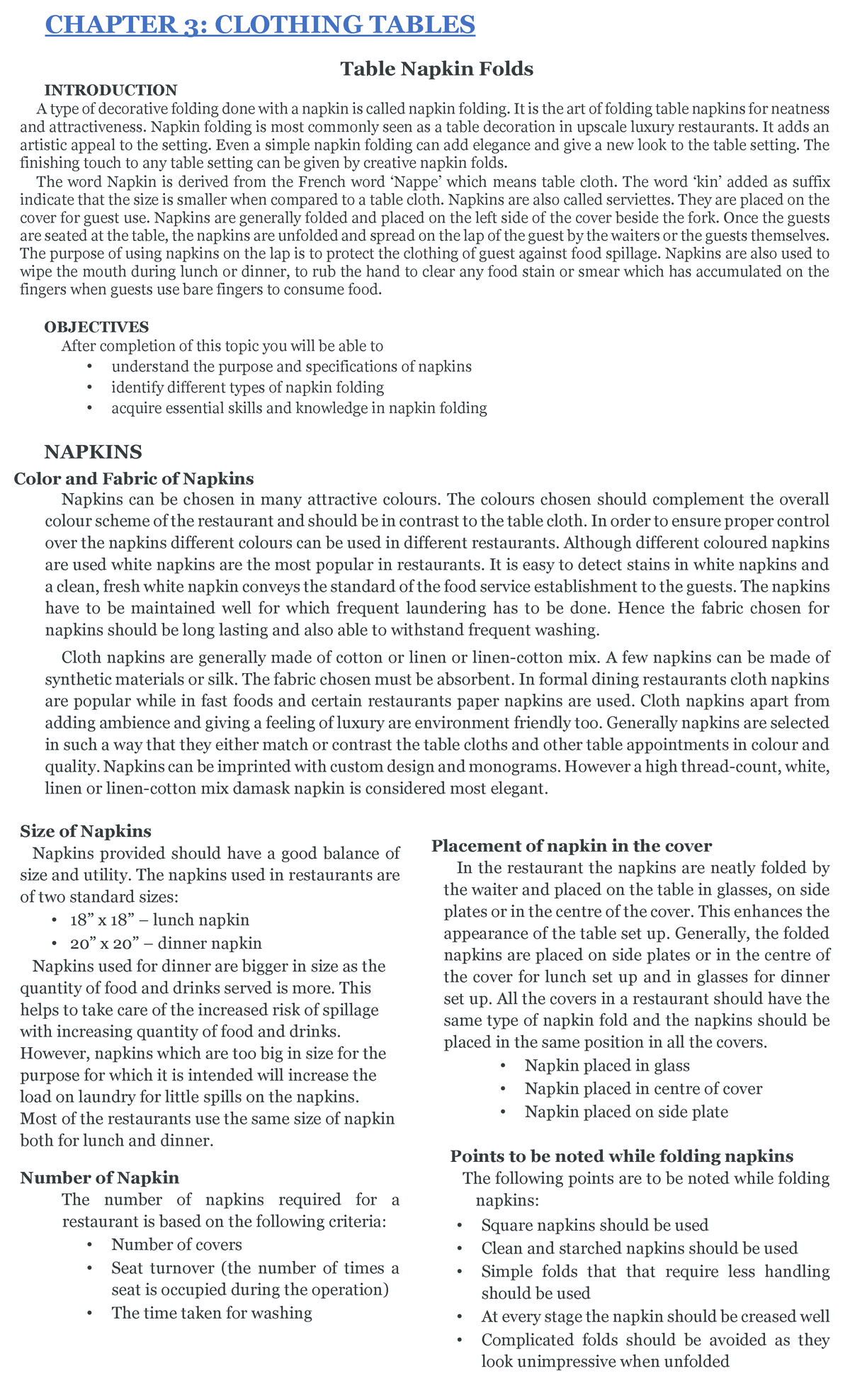 FBS-MOD-3 - bshm 101 - CHAPTER 3: CLOTHING TABLES Table Napkin Folds ...