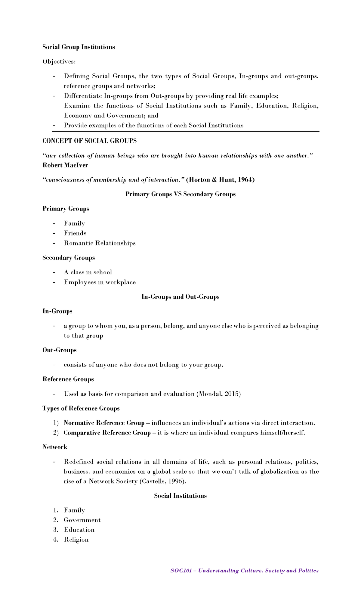Social Group Institutions - SOC101 – Understanding Culture, Society and ...
