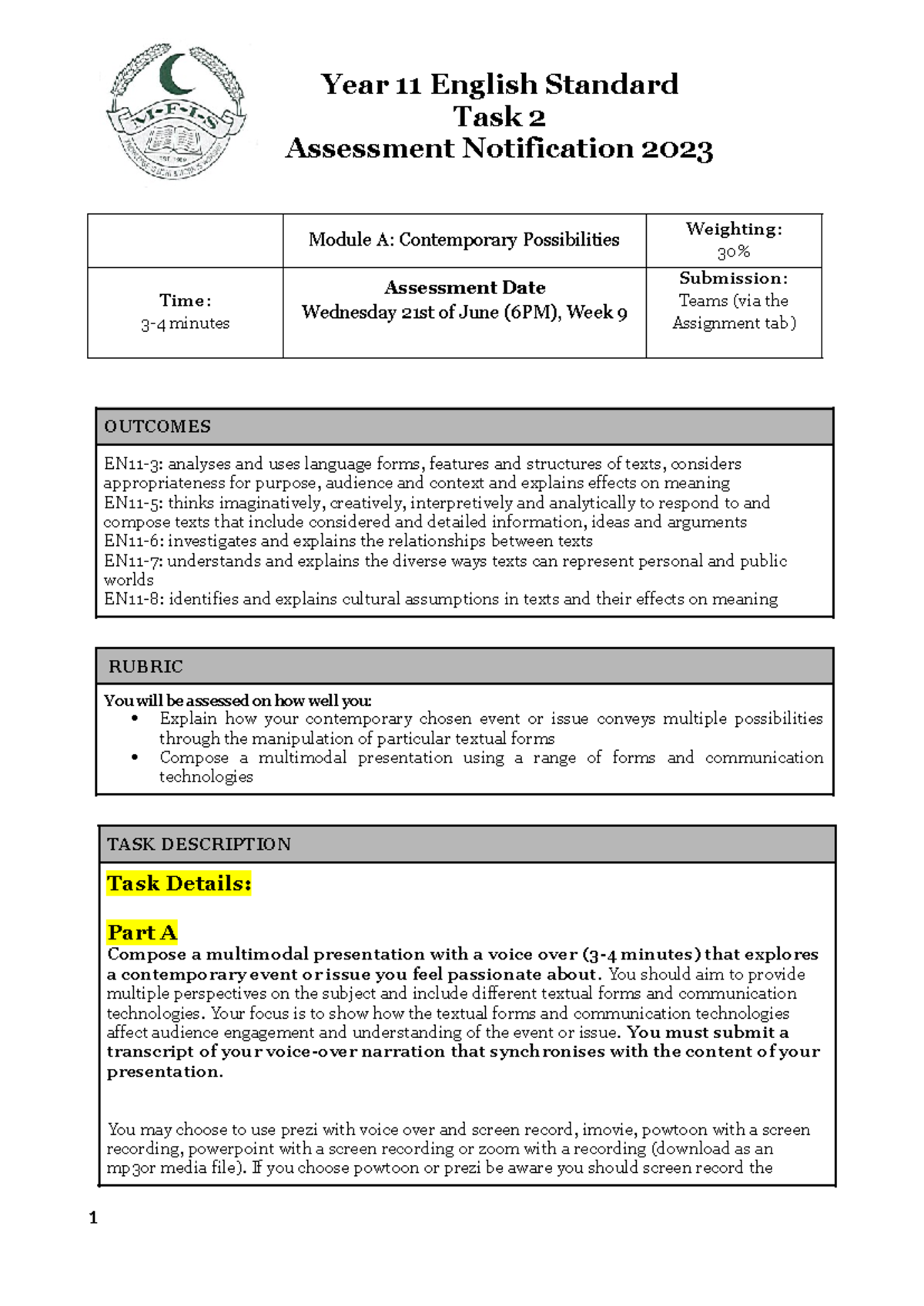 2023 Year 11 Standard English Task 2 Notification - OUTCOMES EN11-3: analyses and uses language ...