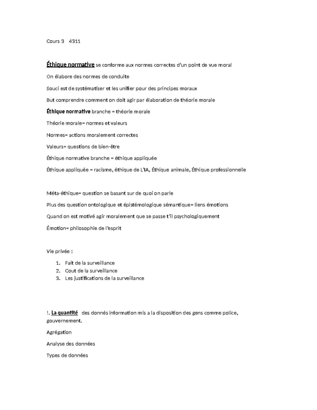 4311 notes cours - Cours 3 4311 Éthique normative se conforme aux ...