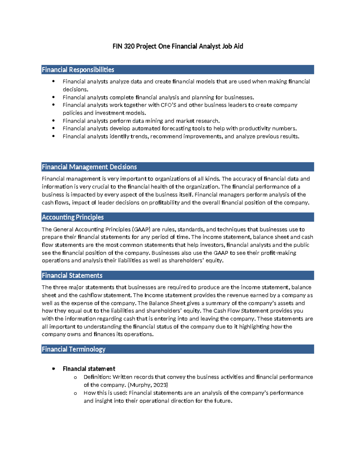 FIN 320 Project One Financial Analyst Job Aid - Financial analysts ...